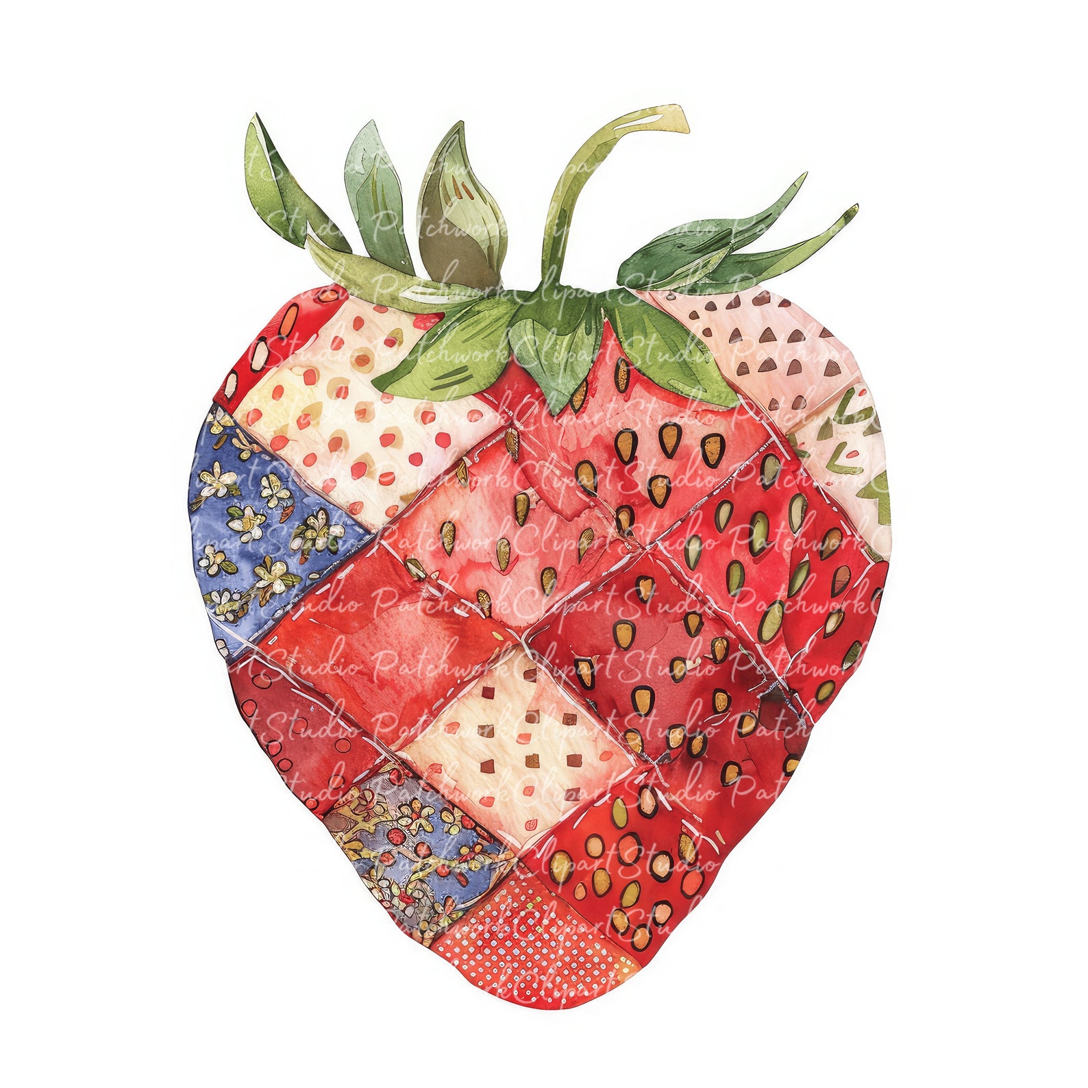10 Strawberries Clipart Bundle, PNG & JPG, Printable Patchwork Strawberry, Illustrations ...