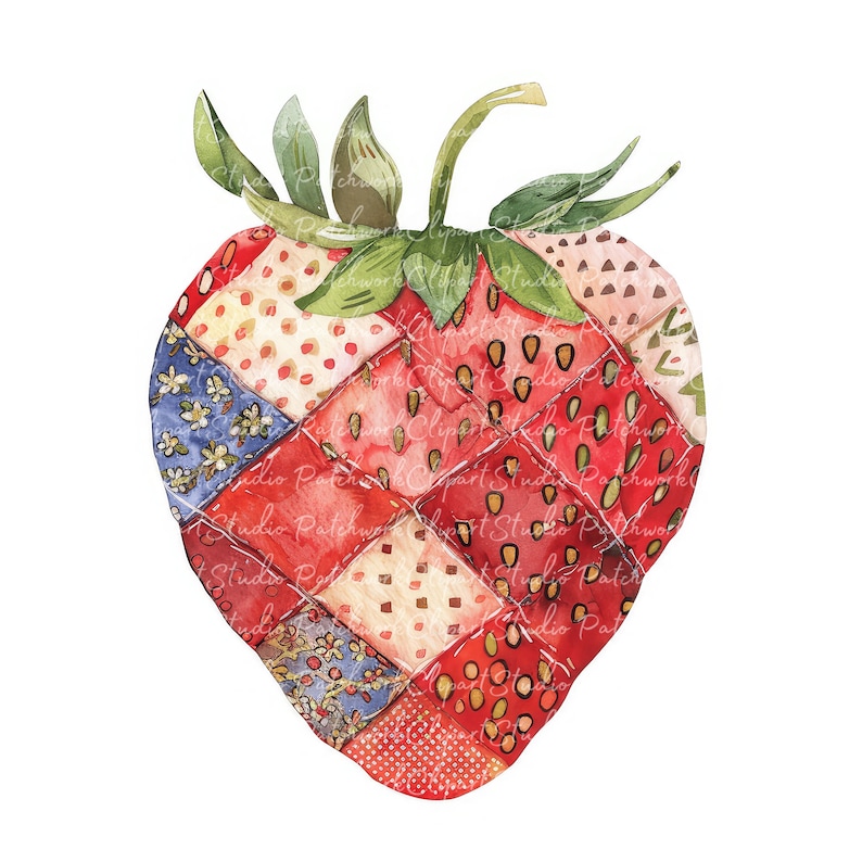 10 Strawberries Clipart Bundle, PNG & JPG, Printable Patchwork Strawberry, Illustrations ...