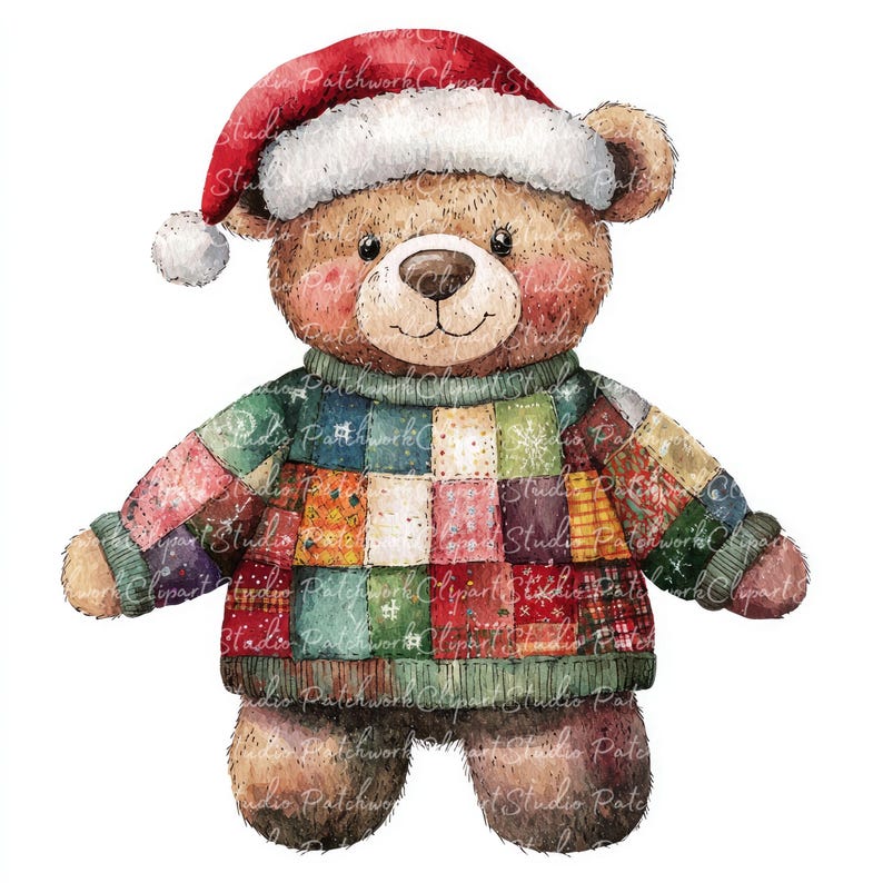 10 Christmas Teddy Bear Clipart Bundle, PNG & JPG, Printable Patchwork ...