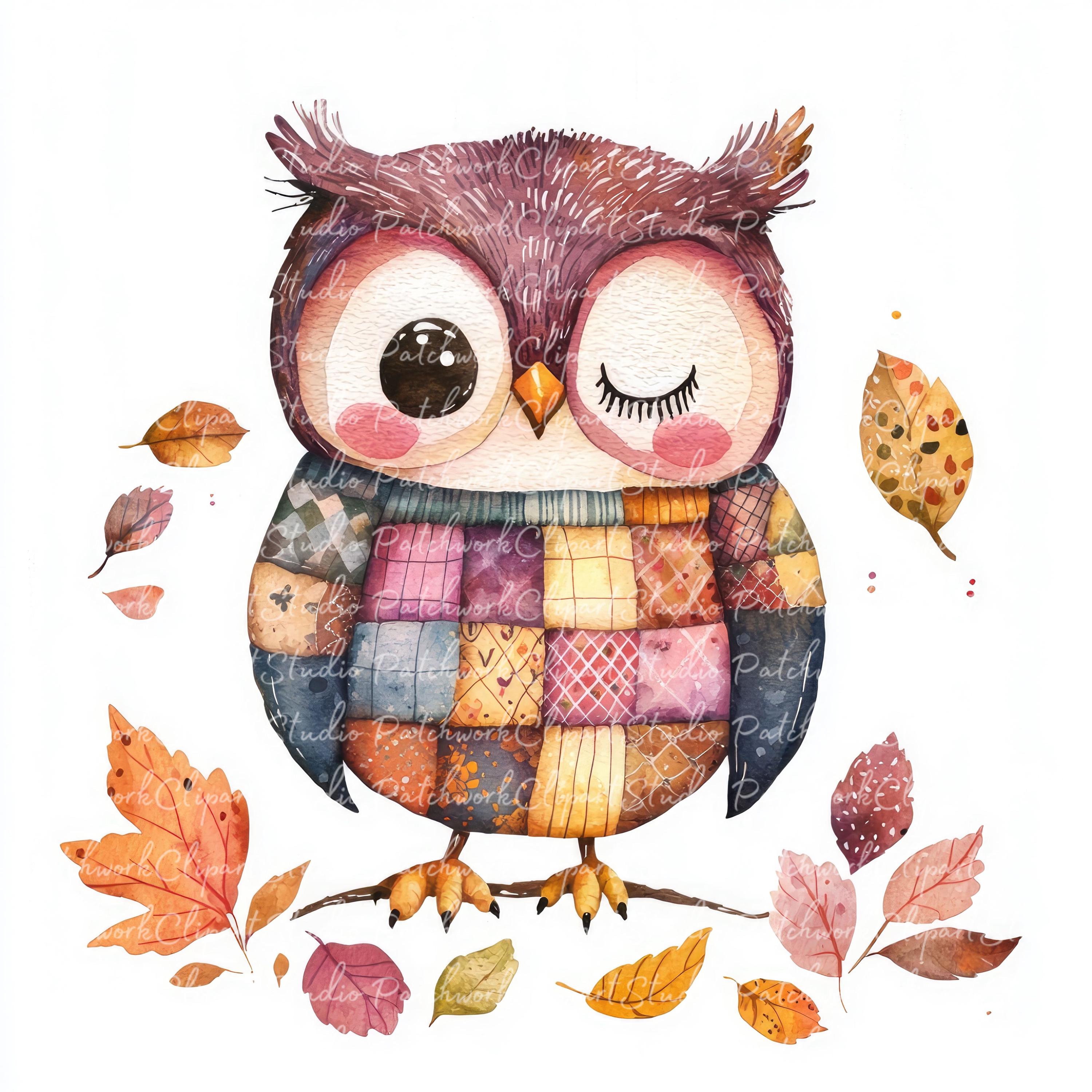10 Autumn Owl Clipart Bundle, PNG & JPG, Printable Patchwork, Owl in ...