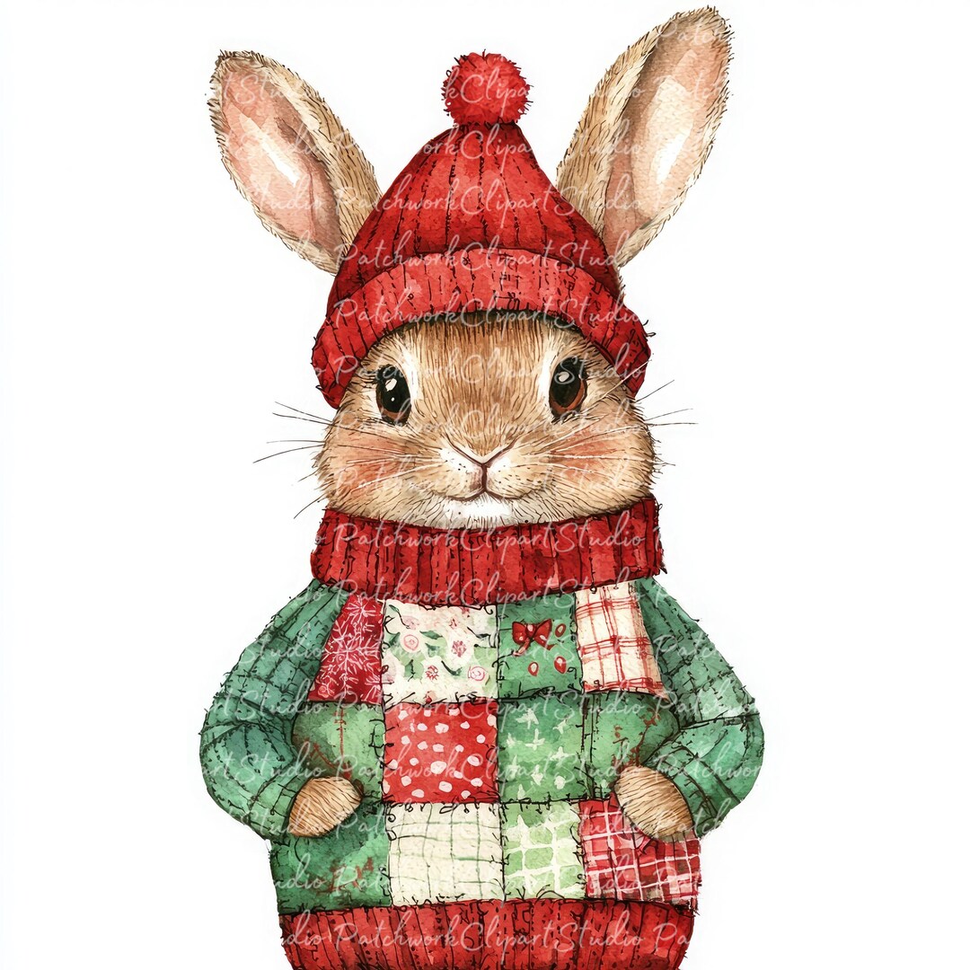 10 Christmas Rabbit Clipart Bundle, PNG & JPG, Printable Patchwork ...