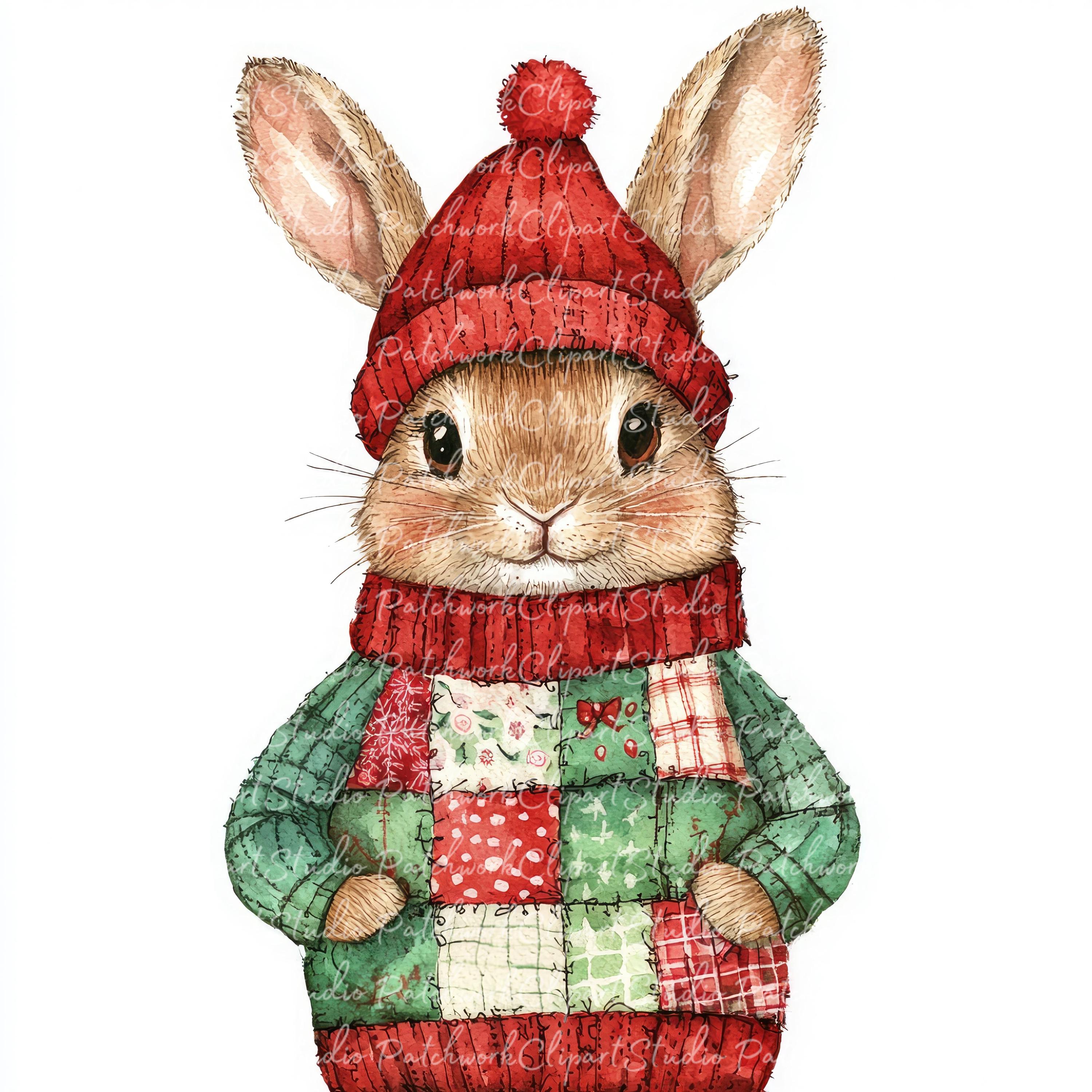 10 Christmas Rabbit Clipart Bundle, PNG & JPG, Printable Patchwork ...