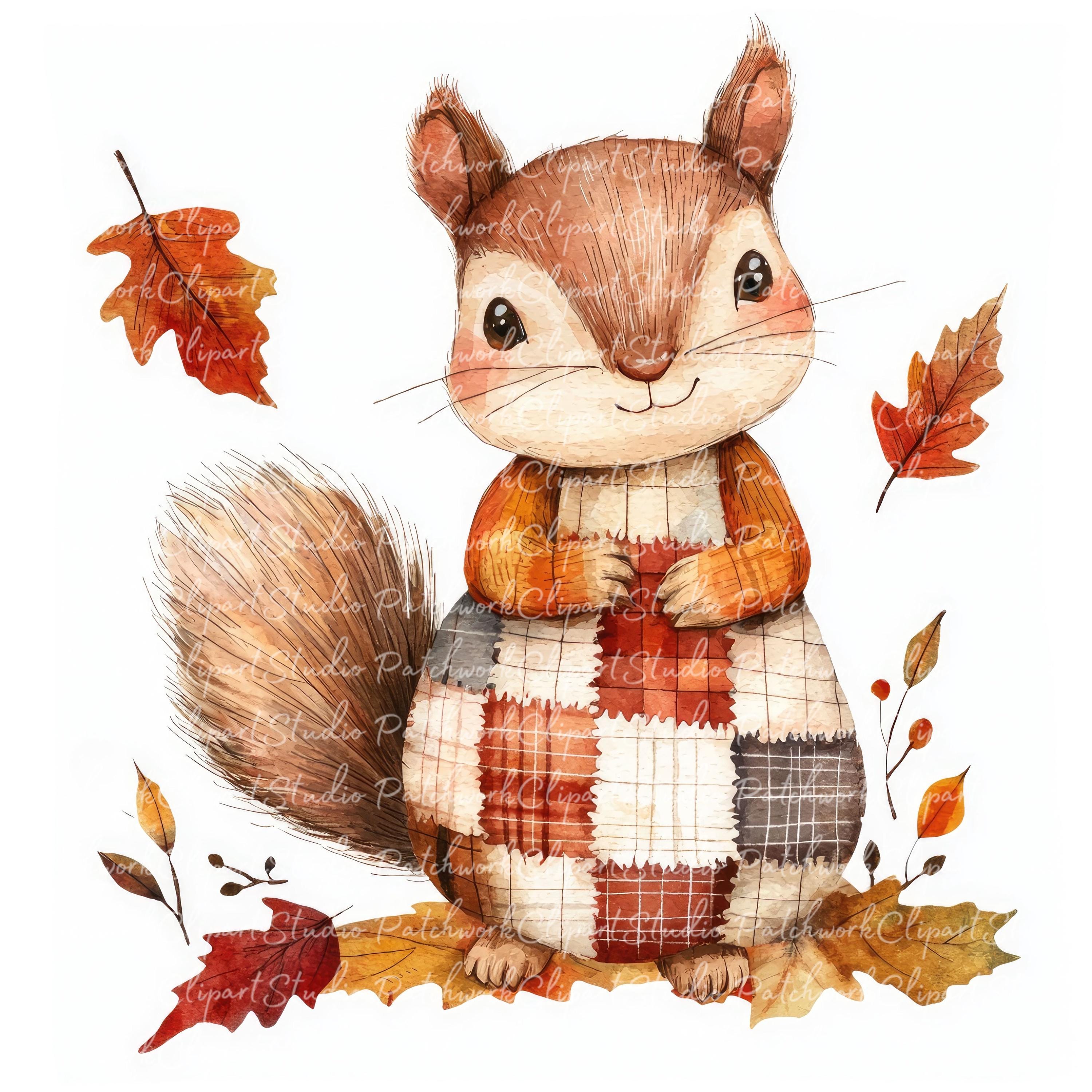 10 Autumn Squirrel Clipart Bundle, PNG & JPG, Printable Patchwork ...