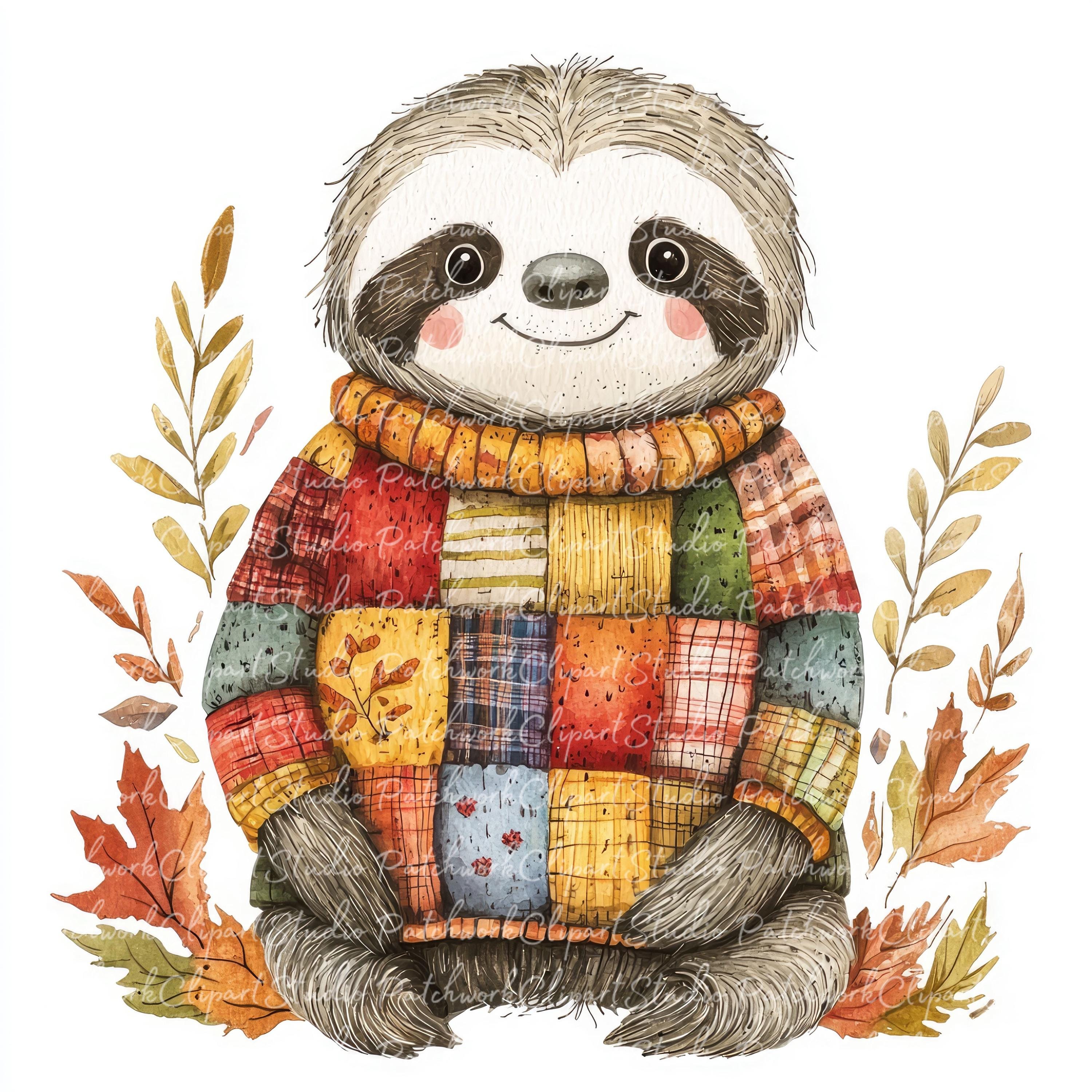 10 Autumn Sloth Clipart Bundle, PNG & JPG, Printable Patchwork, Sloth ...
