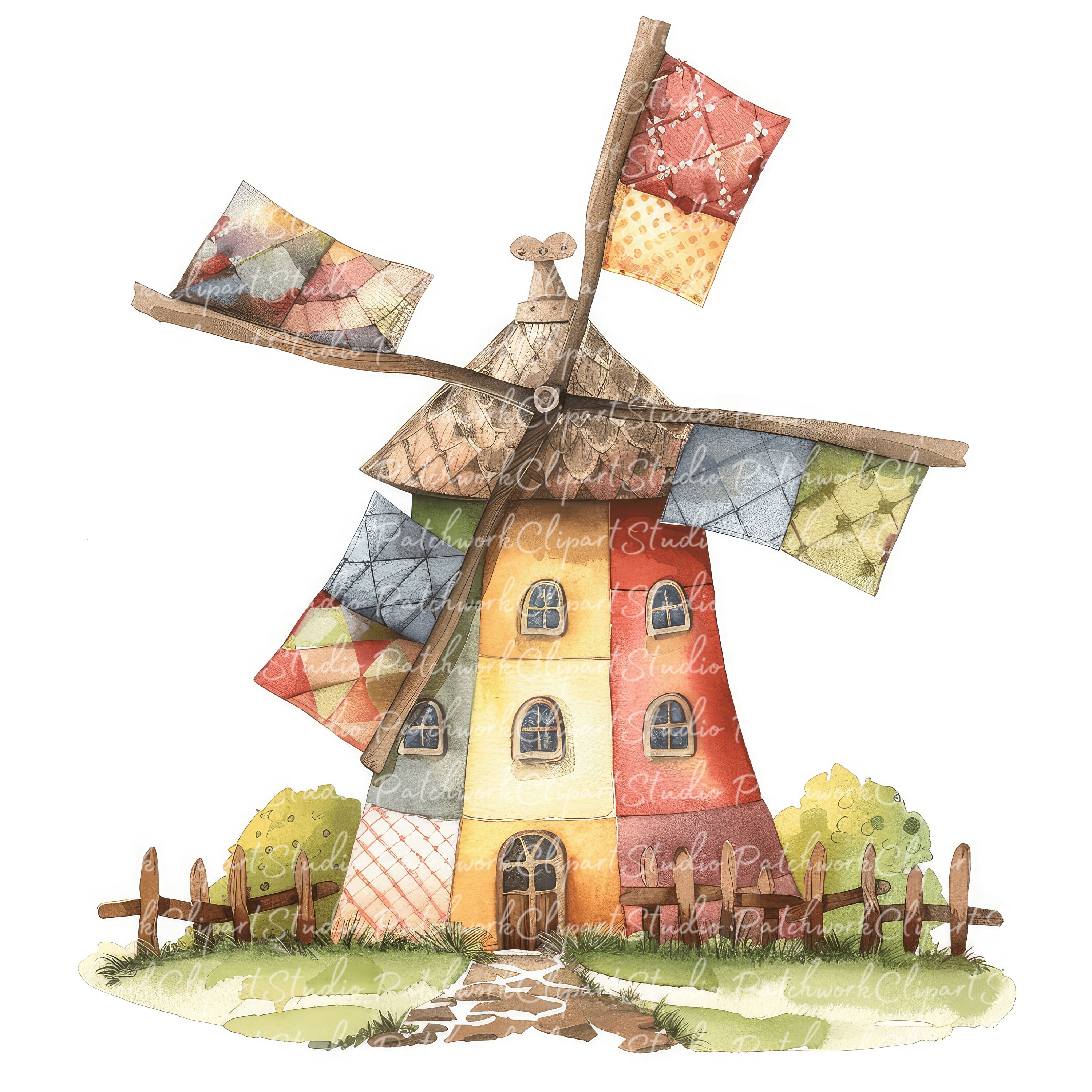 10 Windmills Clipart Bundle, PNG & JPG, Printable Patchwork Windmill ...