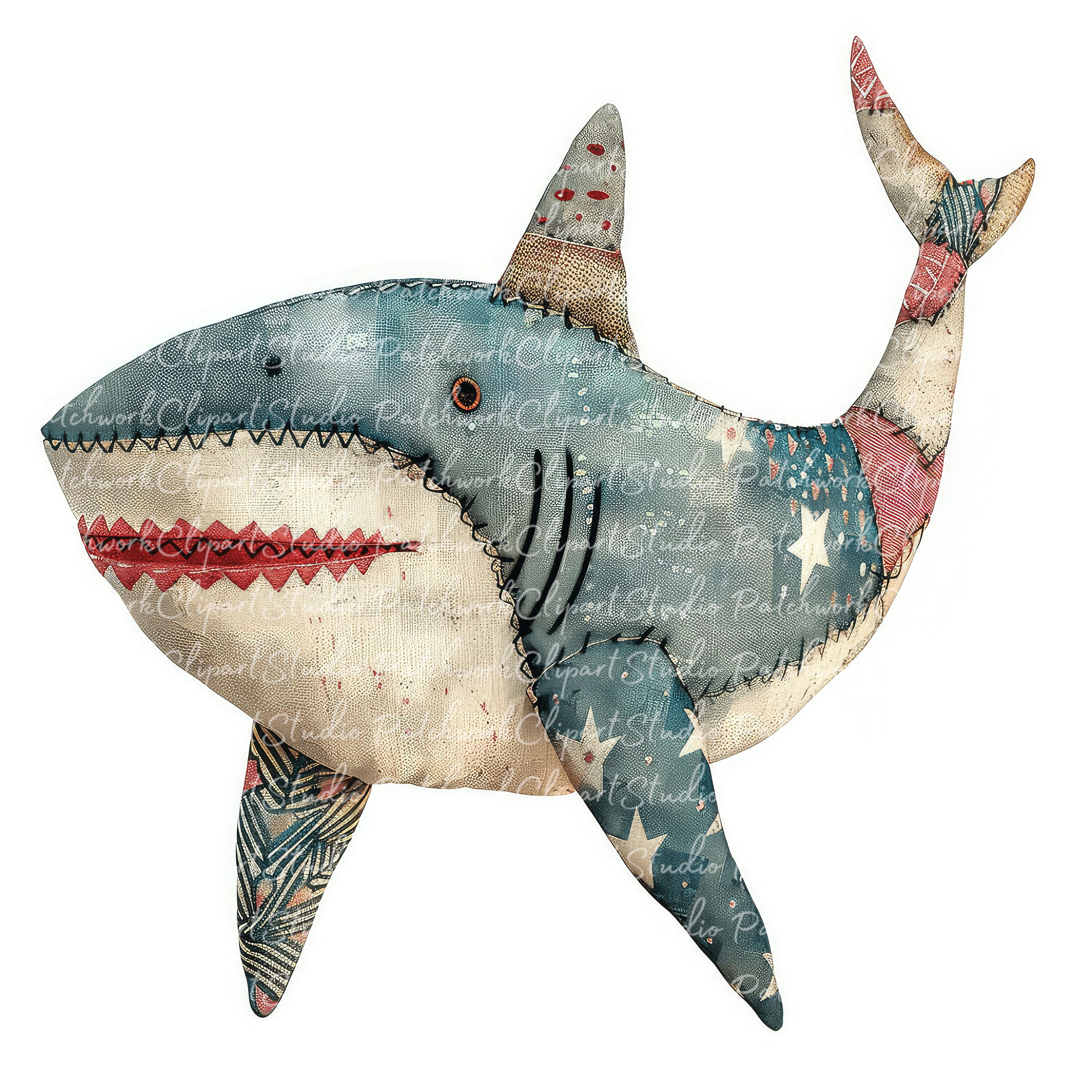 10 Sharks Clipart Bundle, Printable Patchwork Shark, Quilted Fabric ...