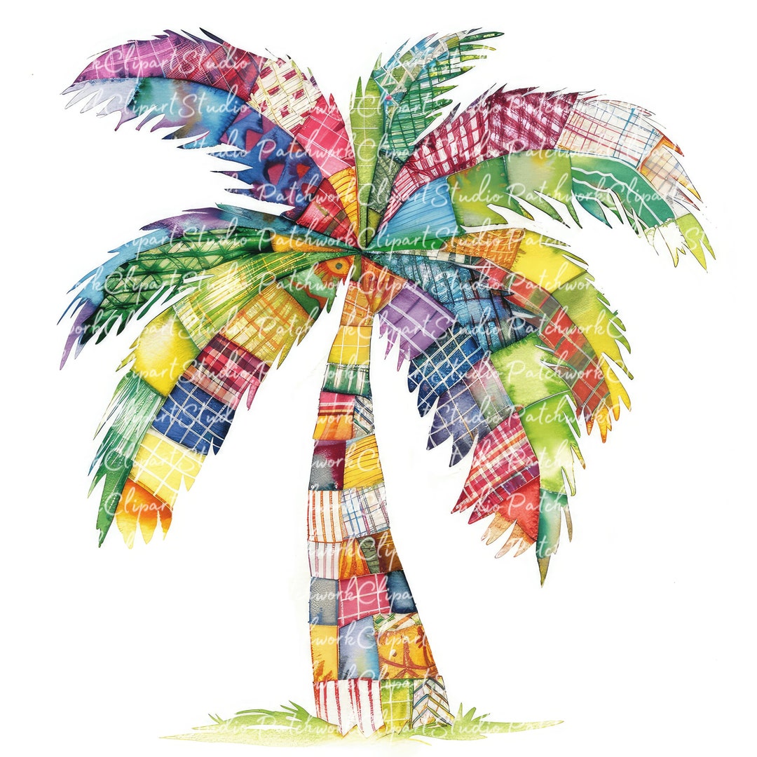 10 Palm Trees Clipart Bundle, PNG & JPG, Printable Patchwork Palm Tree ...