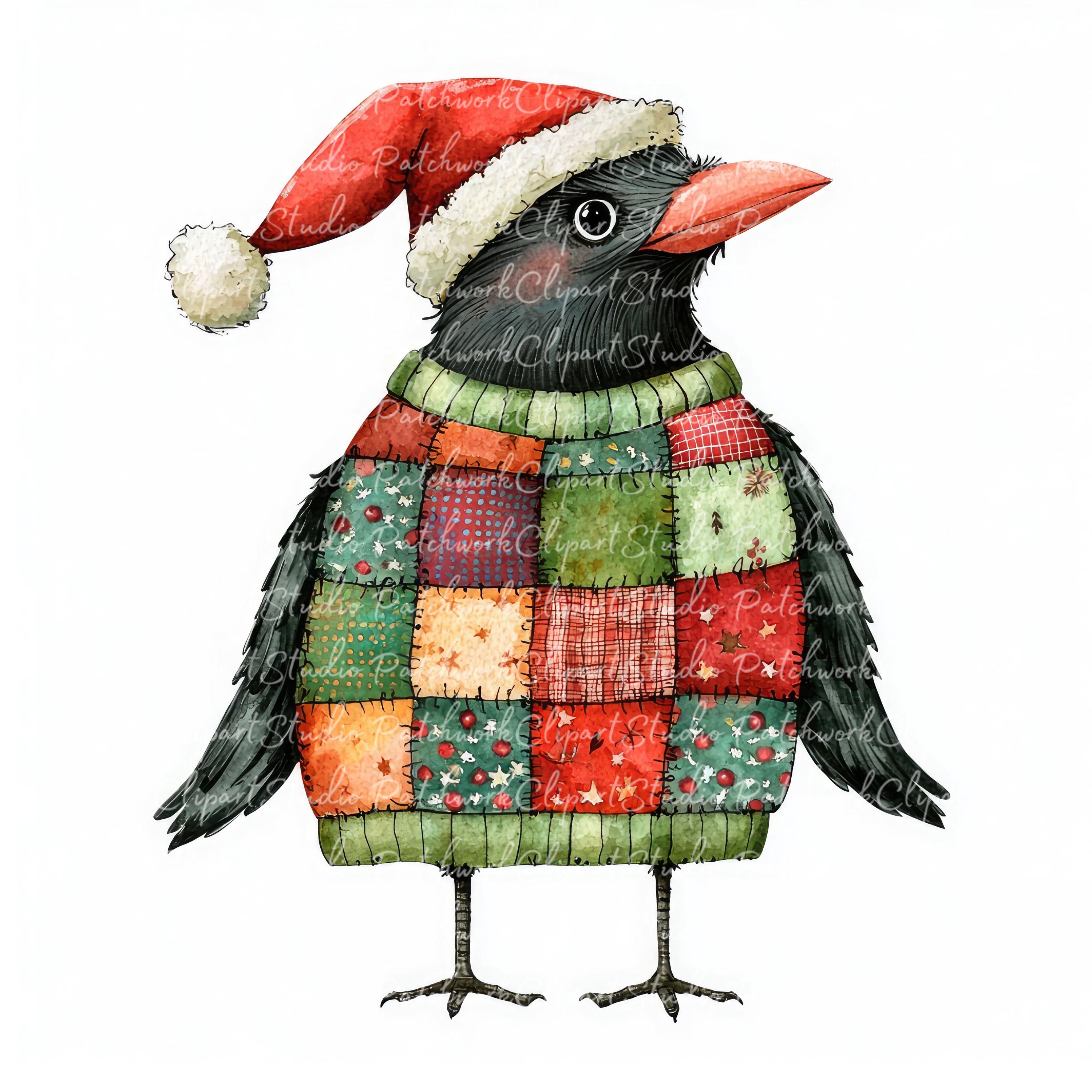 10 Christmas Crow Clipart Bundle, PNG & JPG, Printable Patchwork ...