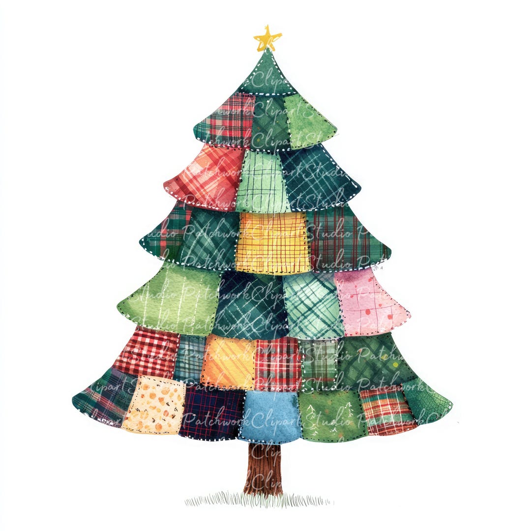 10 Christmas Tree Clipart Bundle, PNG & JPG, Printable Patchwork, Xmas ...