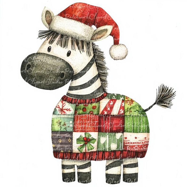 10 Christmas Zebra Clipart Bundle, PNG & JPG, Printable Patchwork ...