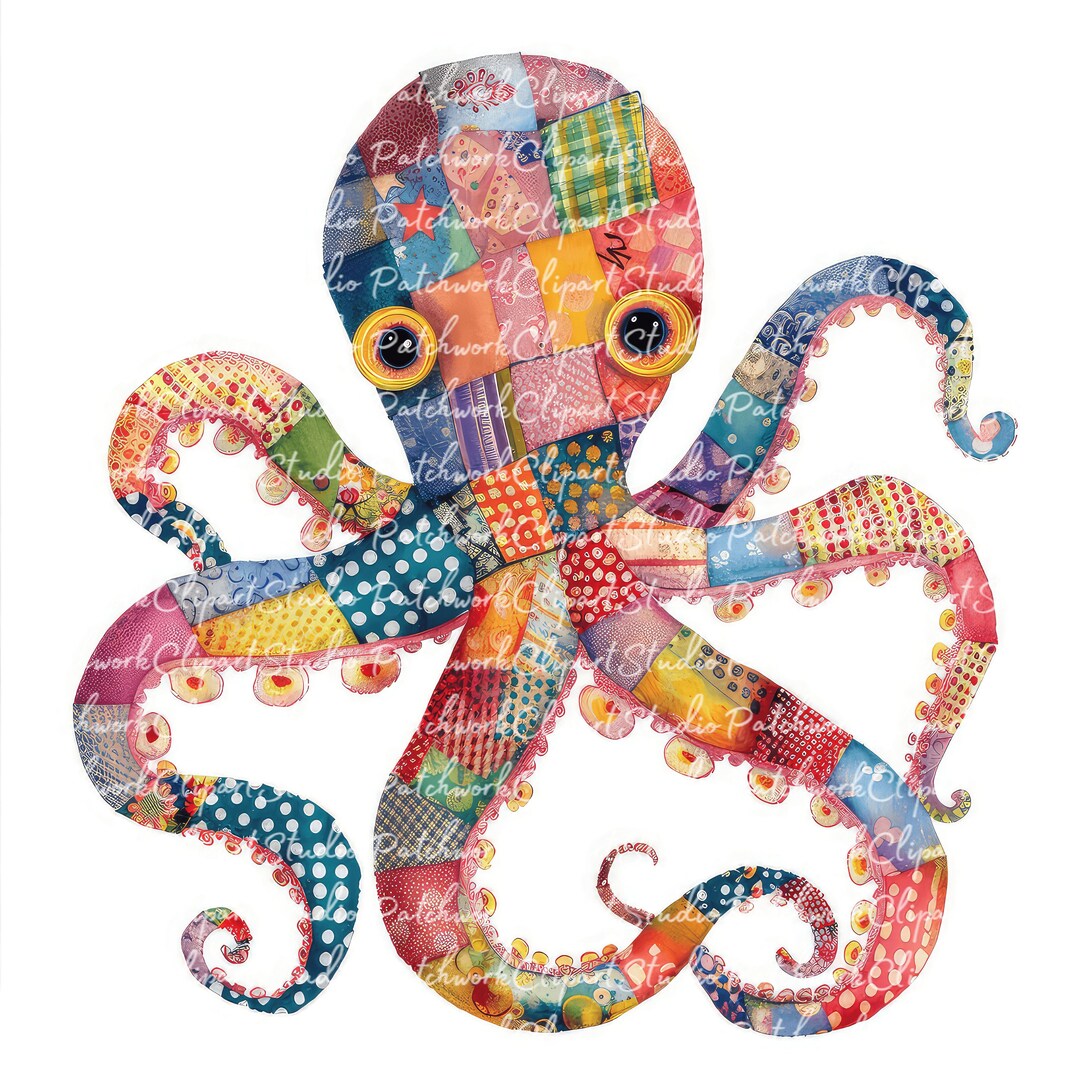 10 Octopus Clipart Bundle, Printable Patchwork Octopus, Quilted Fabric ...