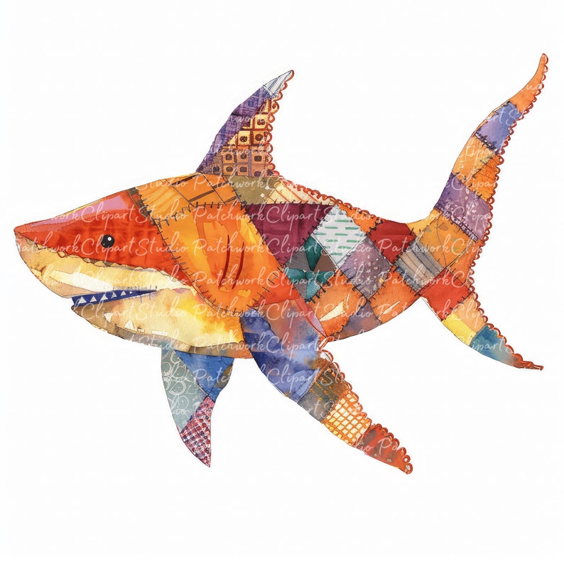 10 Sharks Clipart Bundle, PNG & JPG, Printable Patchwork Shark ...