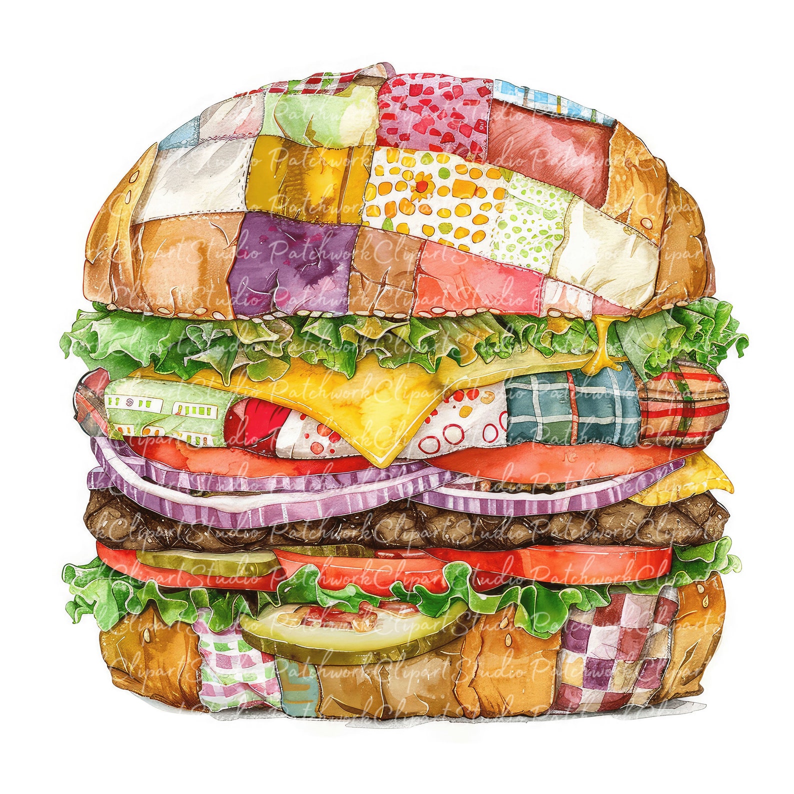 10 Hamburgers Clipart Bundle, PNG & JPG, Printable Patchwork Burger ...