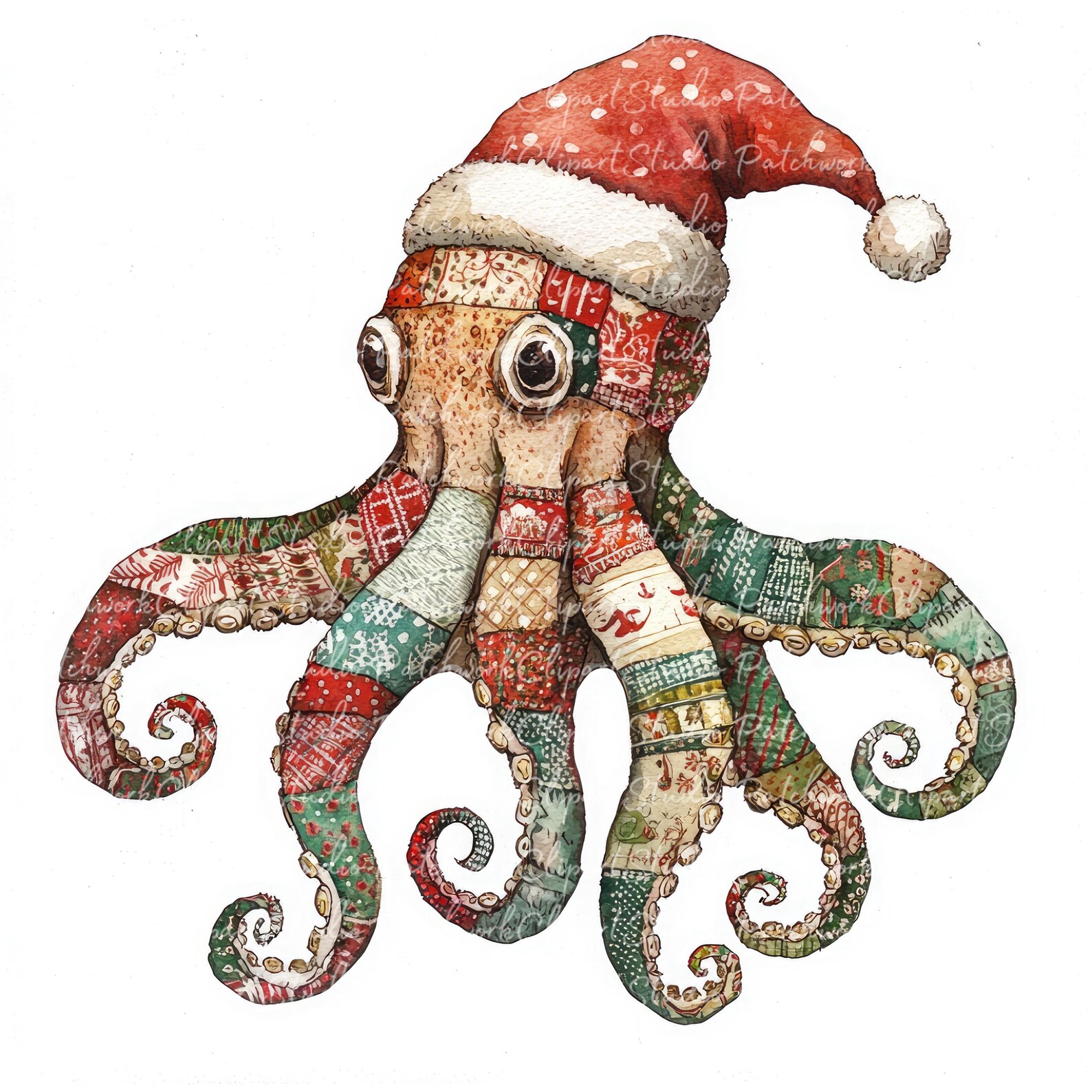 10 Christmas Octopus Clipart Bundle, PNG & JPG, Printable Patchwork ...