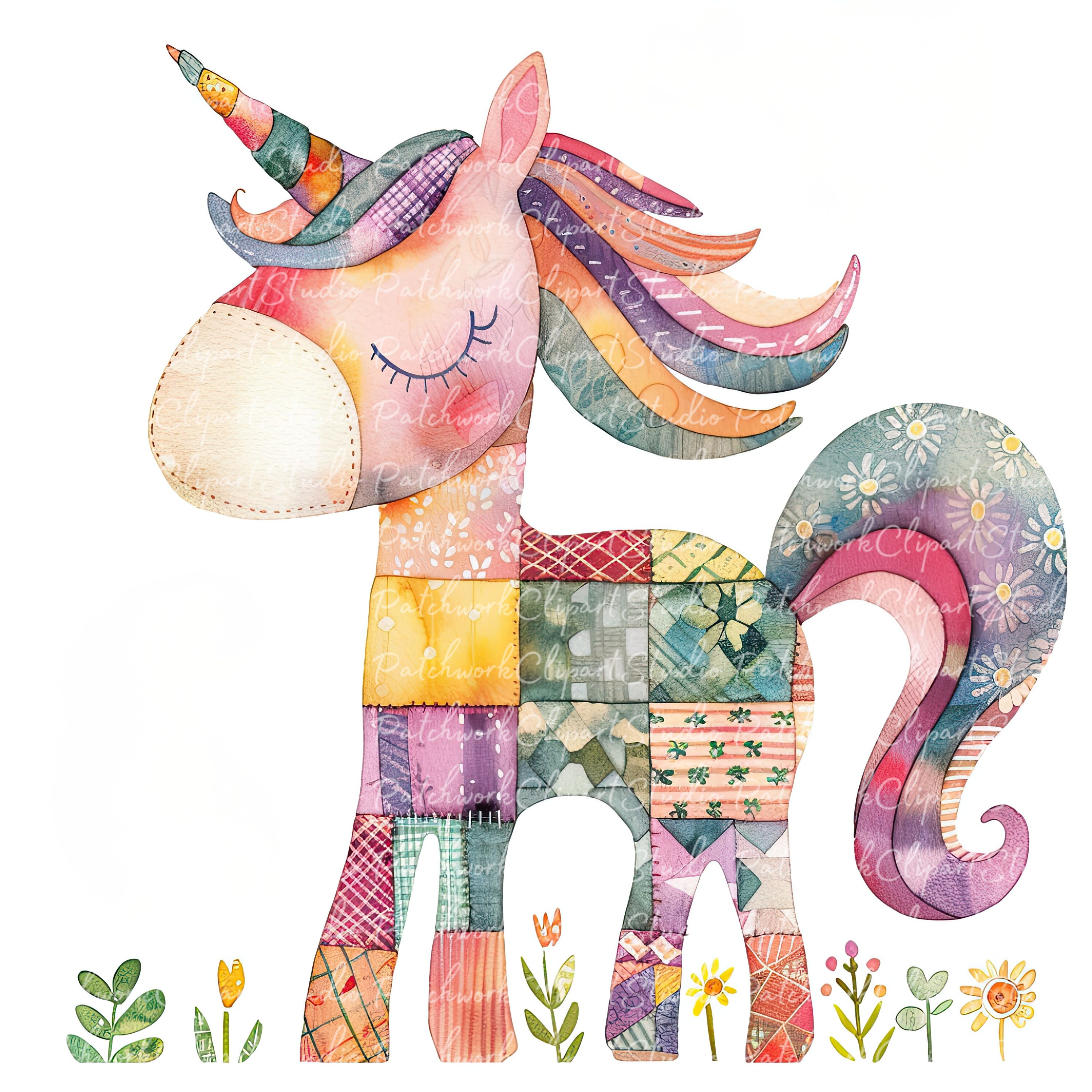 10 Unicorns Clipart Bundle, Printable Patchwork Unicorn, Cute Horse, Fabric Illustrations ...