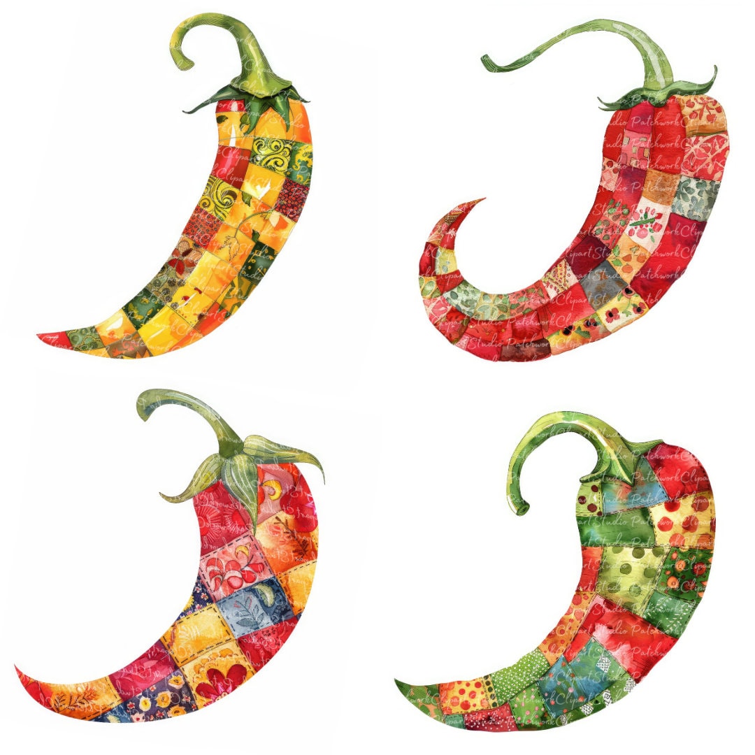 10 Hot Peppers Clipart Bundle, PNG & JPG, Printable Patchwork Pepper ...