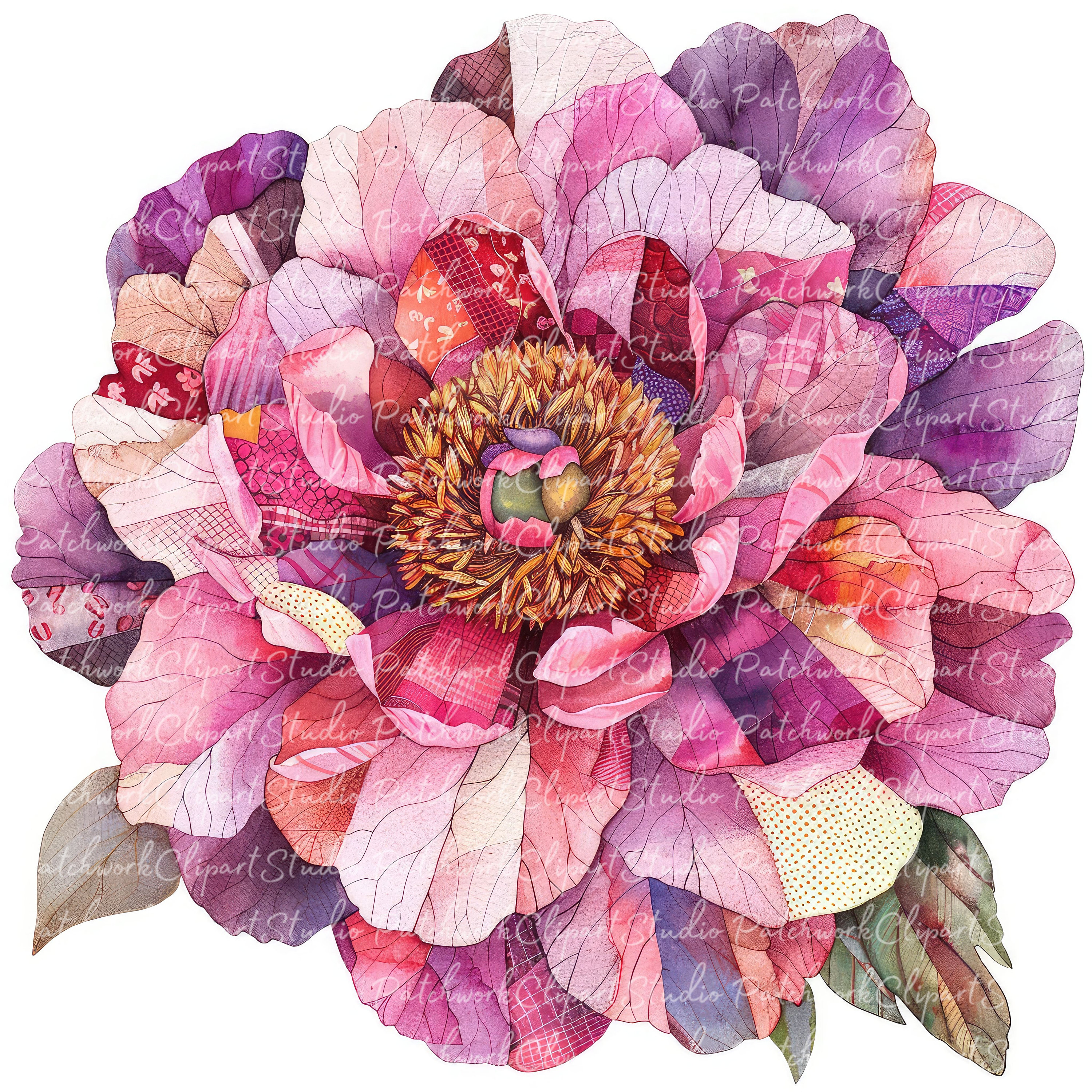 10 Peonies Clipart Bundle, PNG & JPG, Printable Patchwork Peony ...