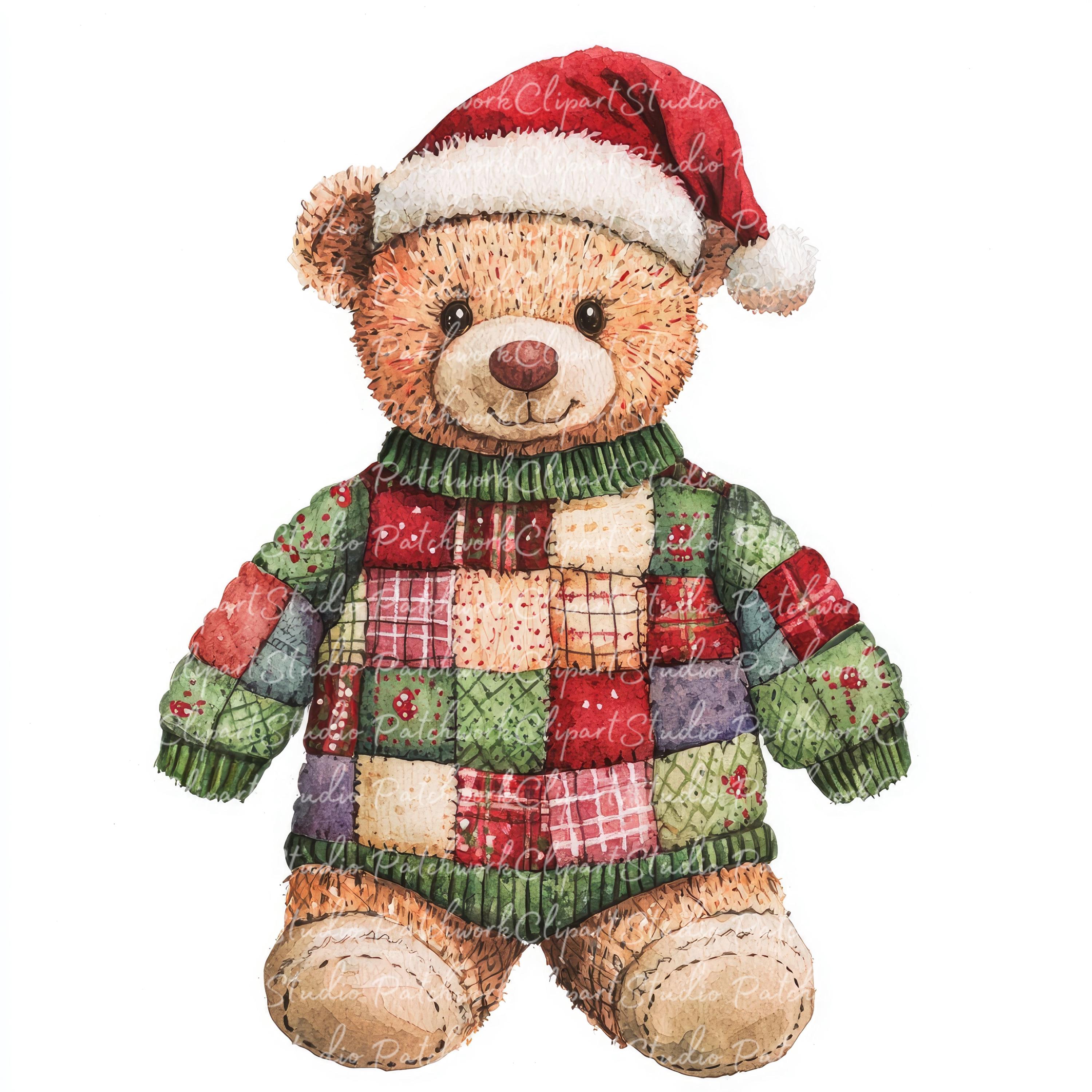 10 Christmas Teddy Bear Clipart Bundle, PNG & JPG, Printable Patchwork ...