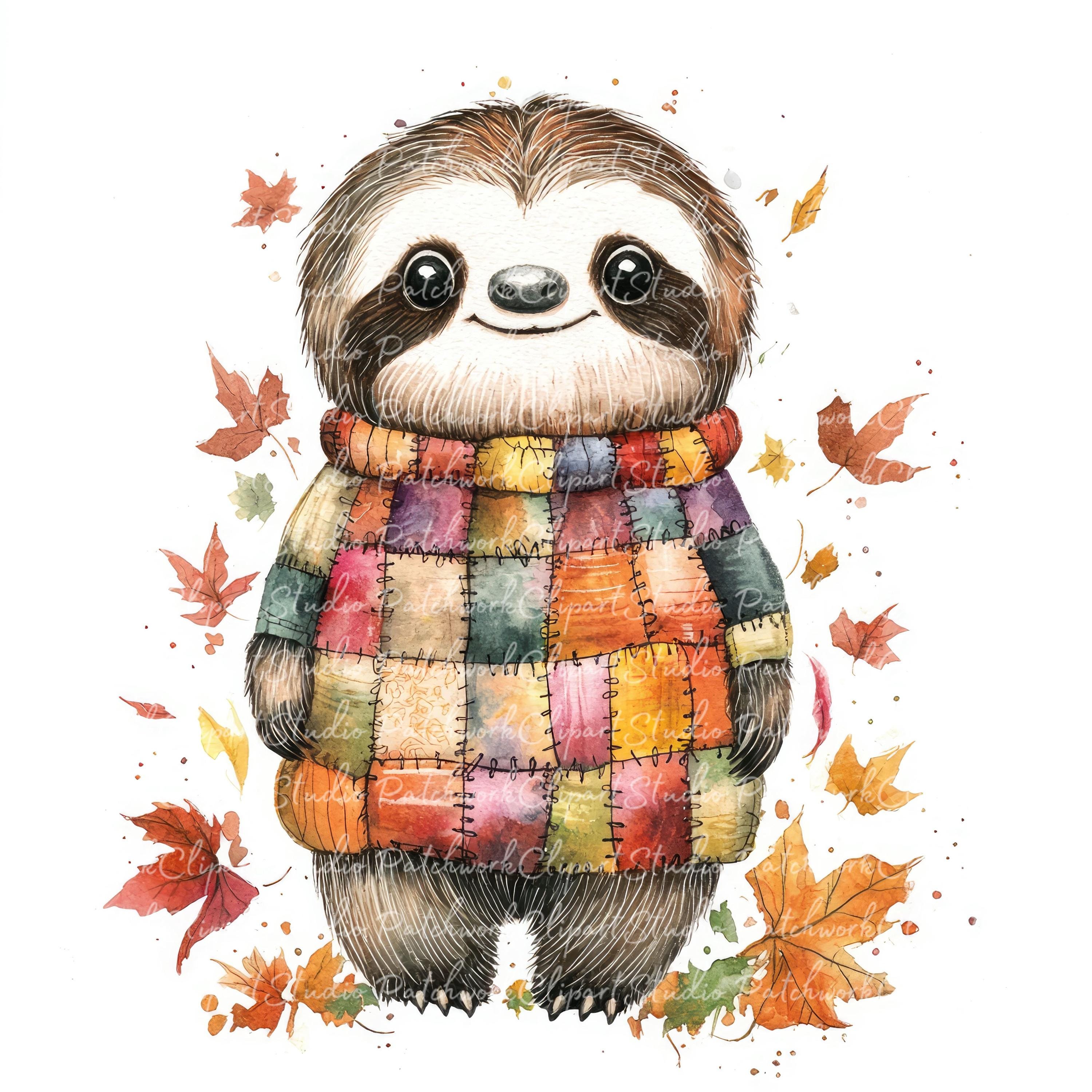 10 Autumn Sloth Clipart Bundle, PNG & JPG, Printable Patchwork, Sloth ...