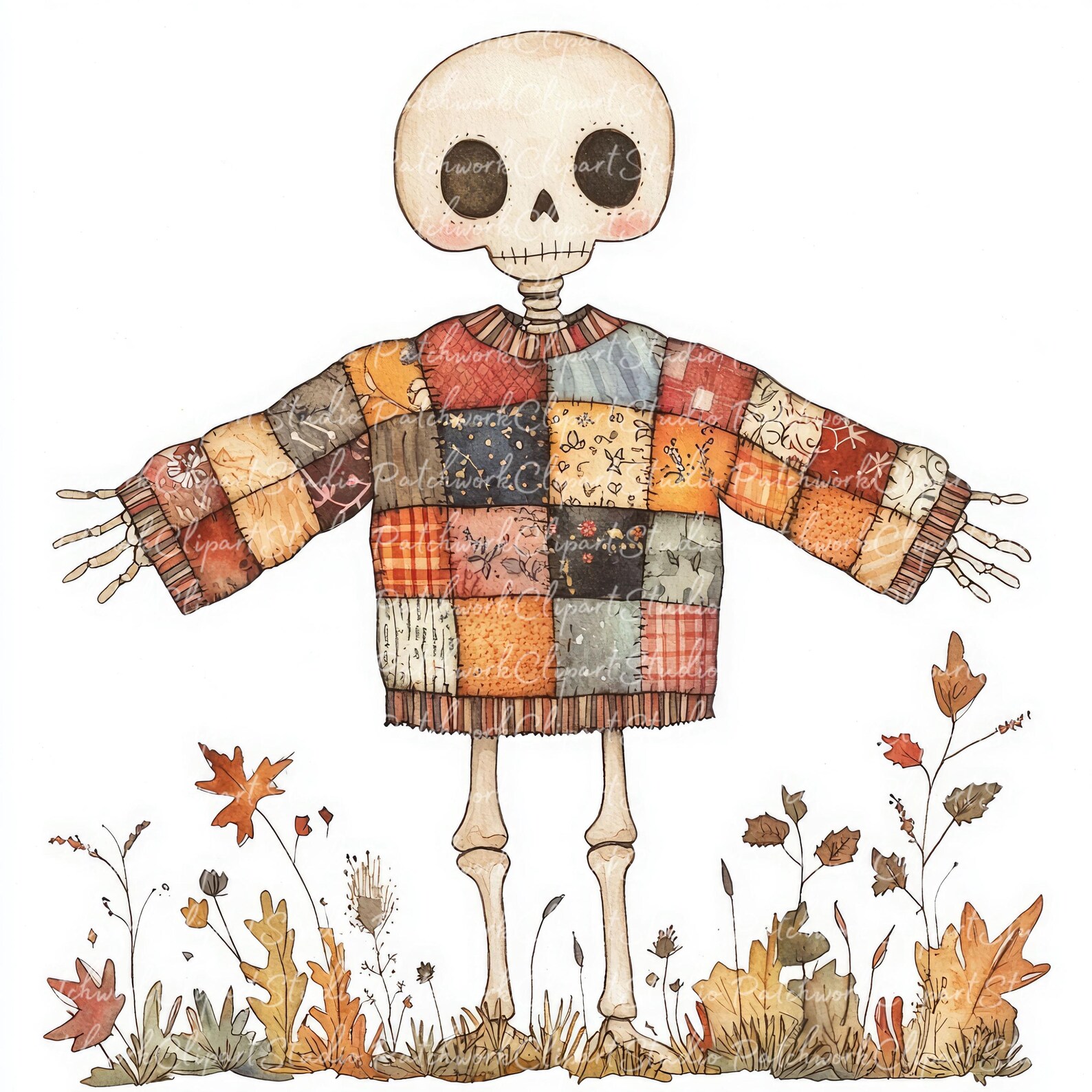 10 Autumn Skeleton Clipart Bundle, PNG & JPG, Printable Patchwork ...