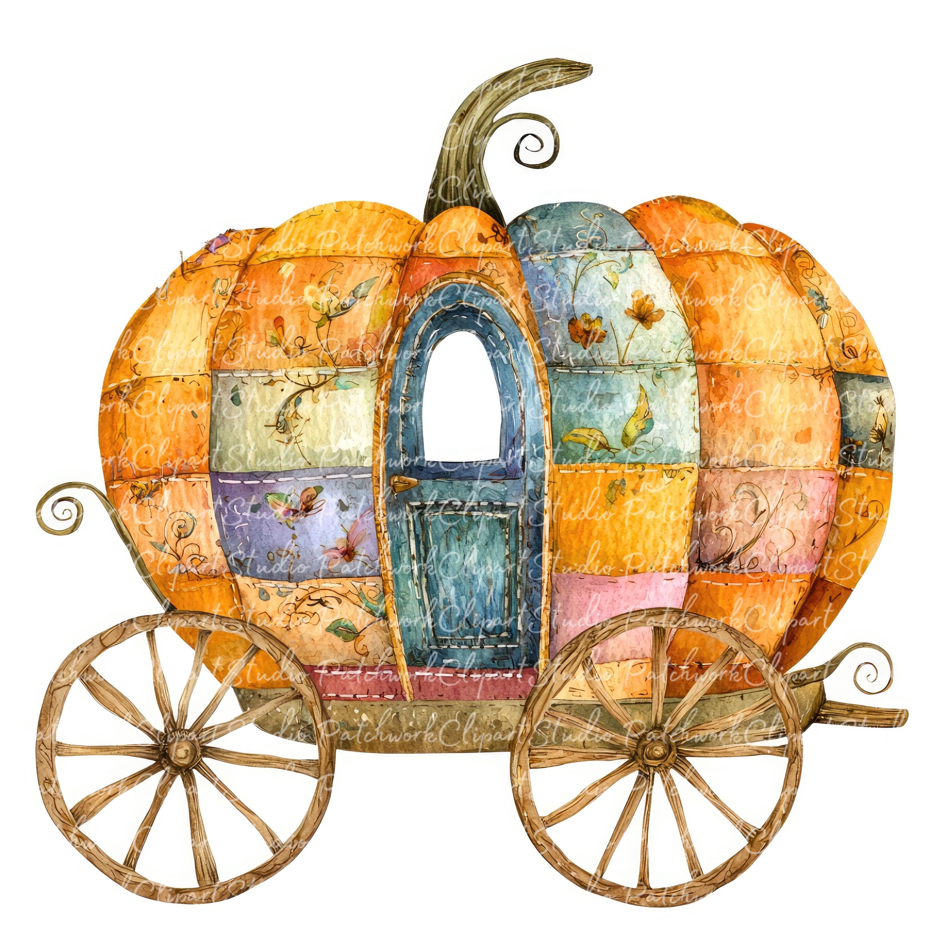 10 Pumpkin Carriage Clipart Bundle, PNG & JPG, Printable Patchwork ...