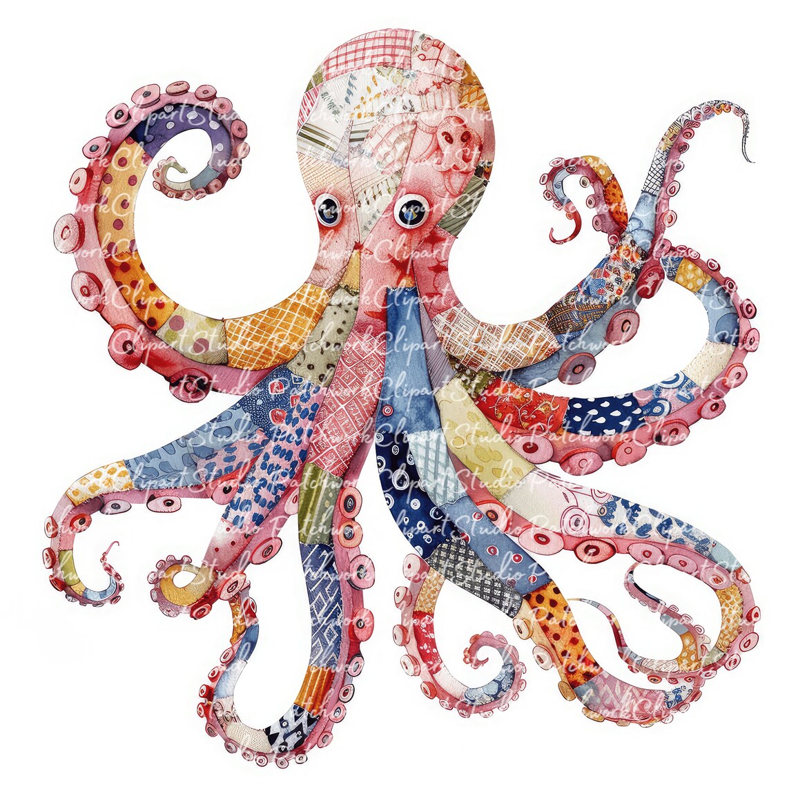 10 Octopus Clipart Bundle, Printable Patchwork Octopus, Quilted Fabric ...