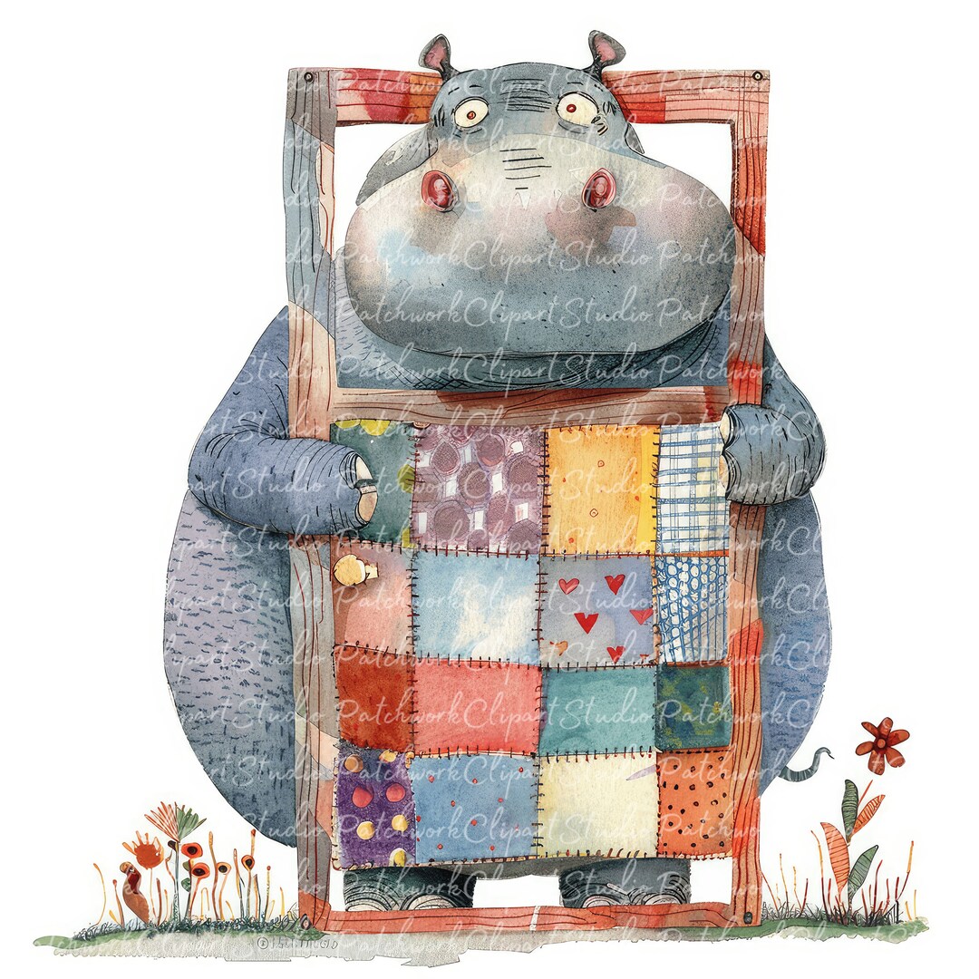 10 Hippo Clipart Bundle, PNG & JPG, Printable Patchwork Hippopotamus, Illustrations, Digital ...