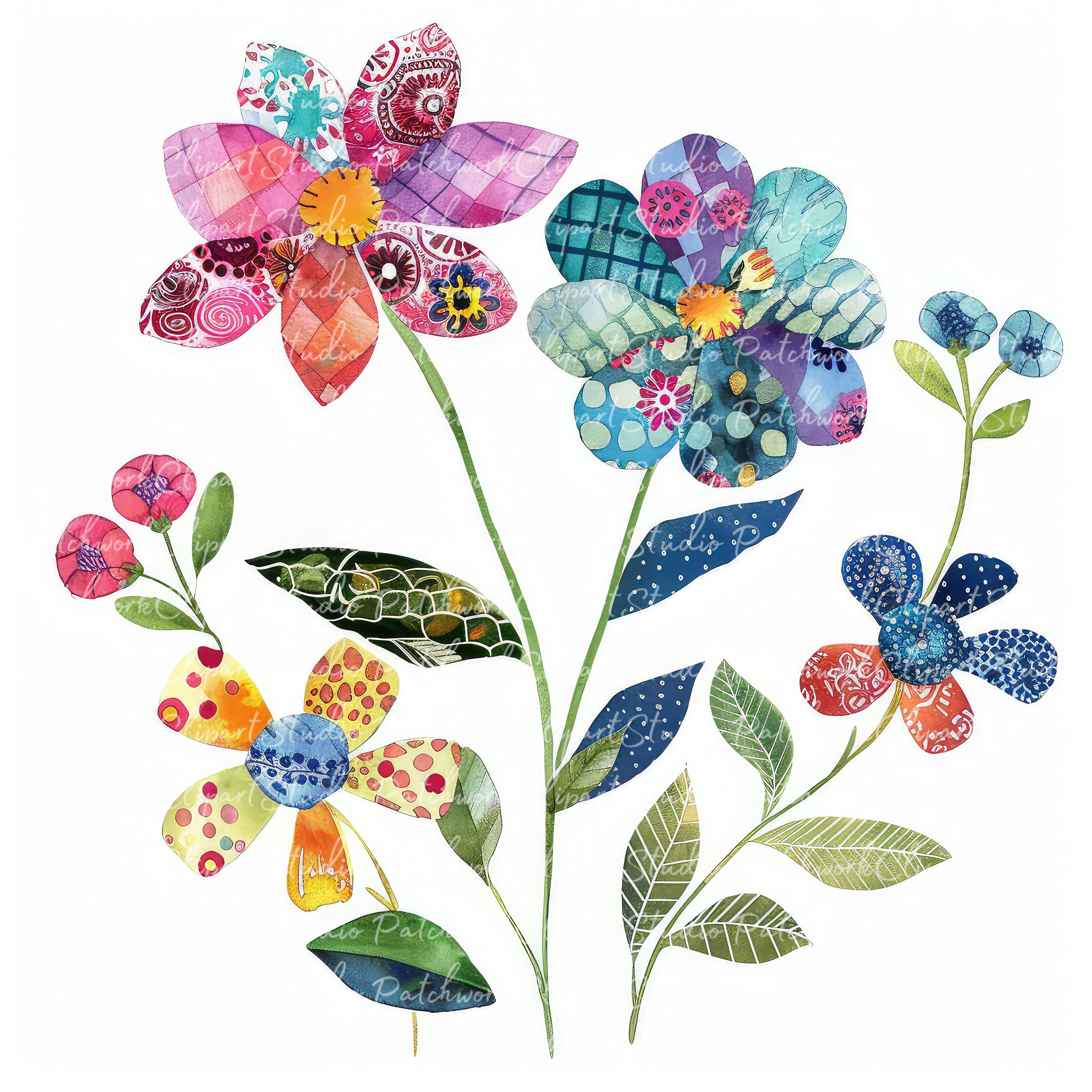10 Flowers Clipart Bundle, PNG & JPG, Printable Patchwork Flower ...