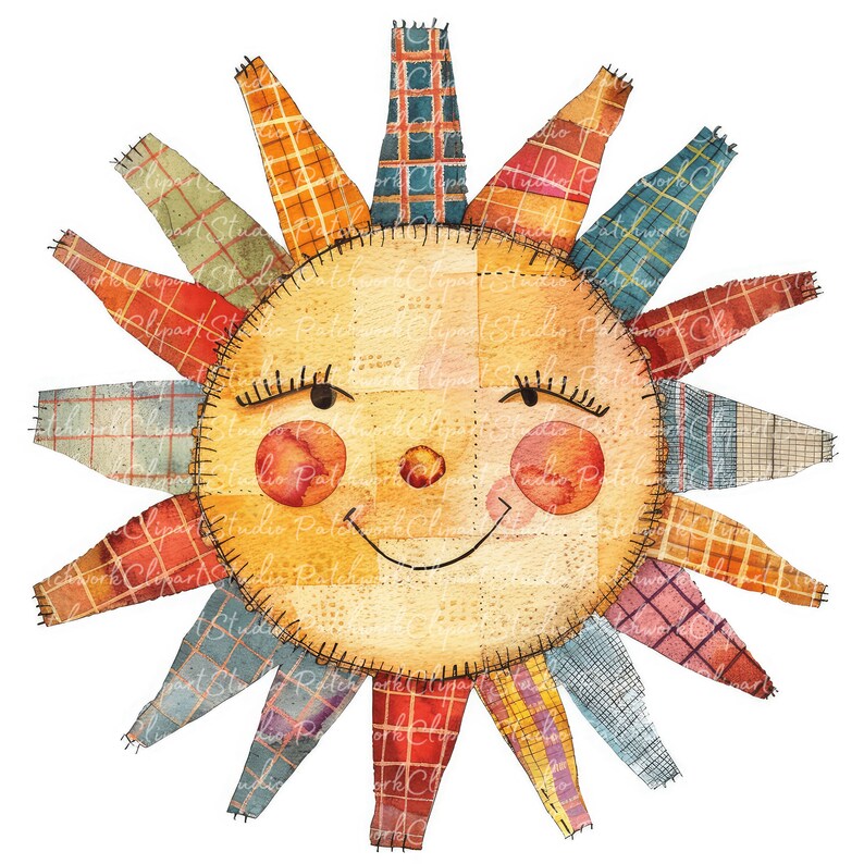 10 Sun Clipart Bundle, PNG & JPG, Printable Patchwork Suns, Smiling Sun ...