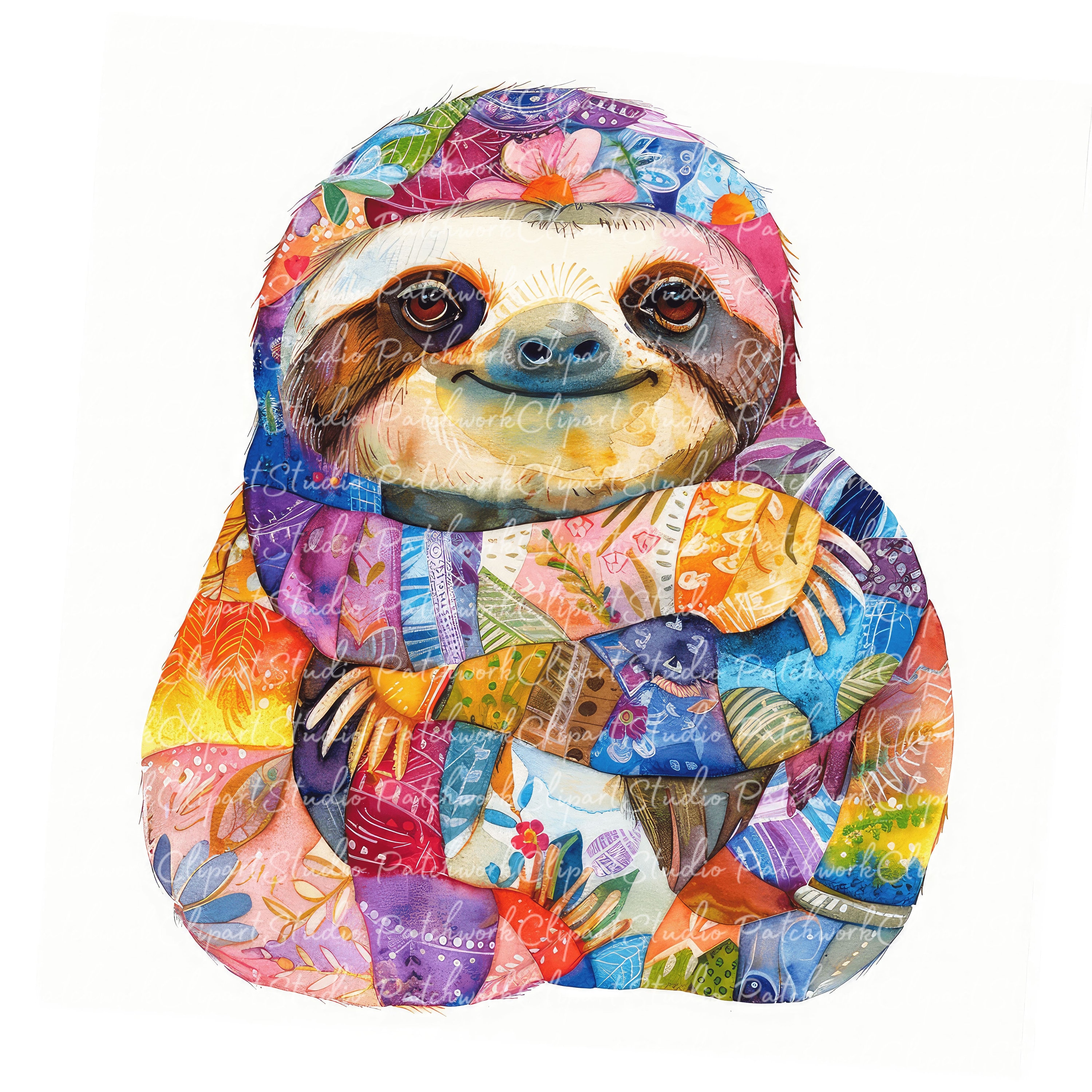 10 Sloths Clipart Bundle, Printable Patchwork Sloth, Quilted Fabric ...