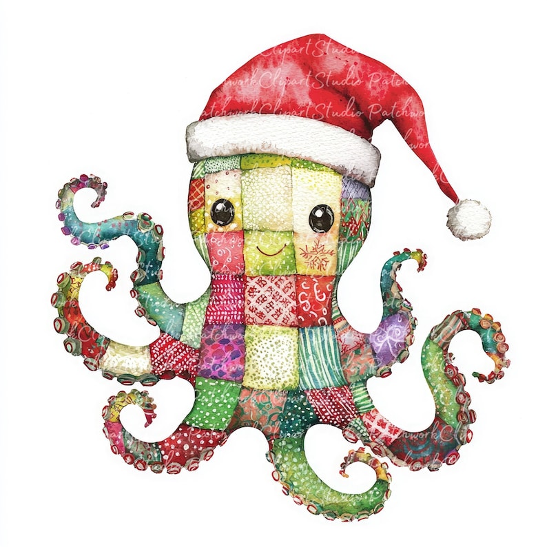10 Christmas Octopus Clipart Bundle, PNG & JPG, Printable Patchwork ...
