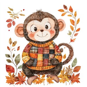 10 Autumn Monkey Clipart Bundle, PNG & JPG, Printable Patchwork, Monkey ...