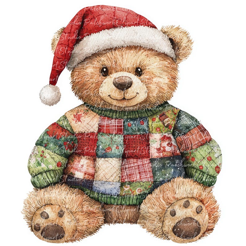 10 Christmas Teddy Bear Clipart Bundle, PNG & JPG, Printable Patchwork ...