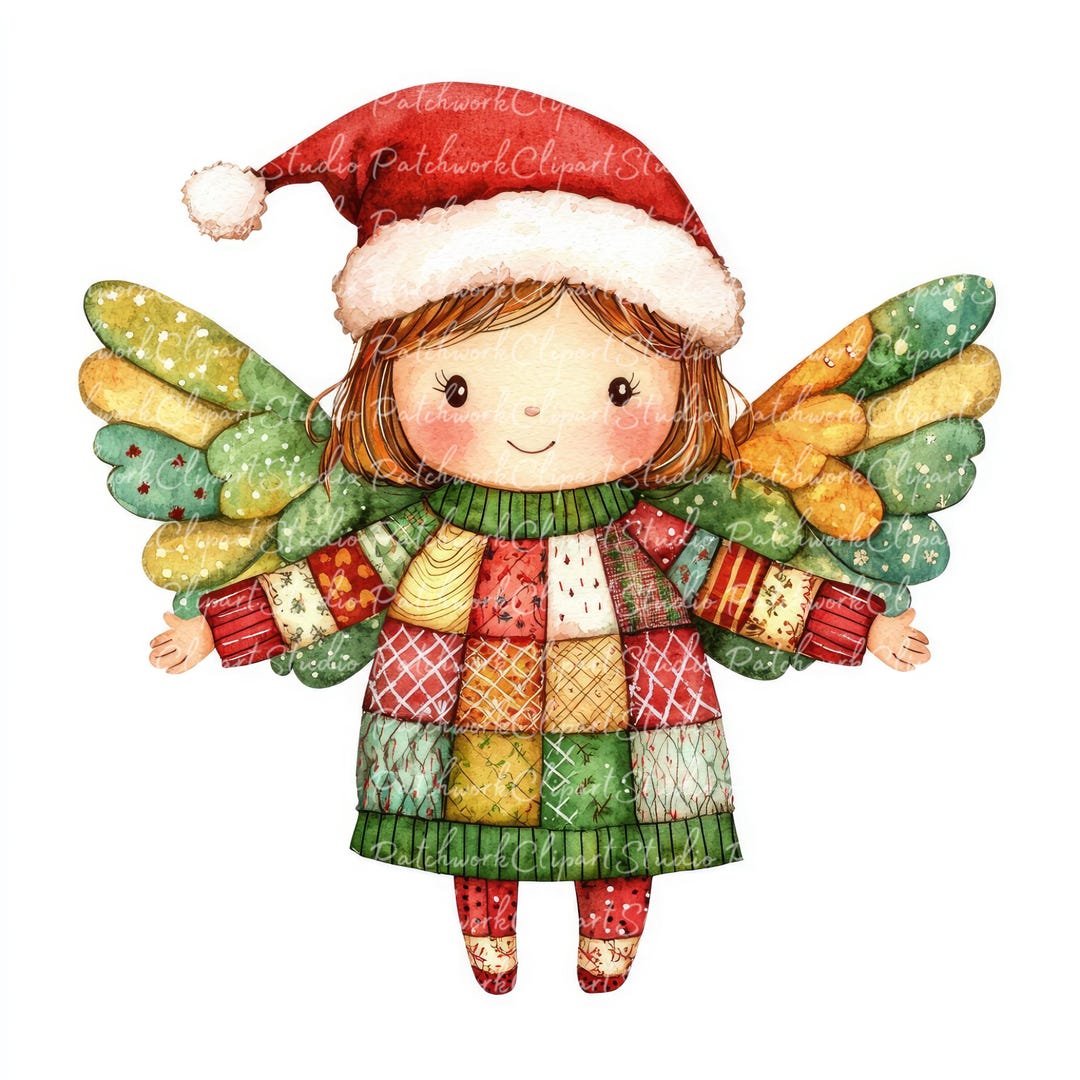 10 Christmas Angel Clipart Bundle, PNG & JPG, Printable Patchwork, XMAS ...