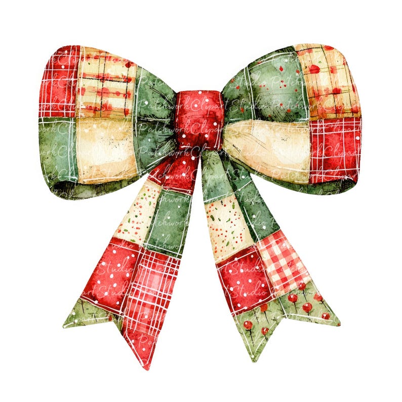 10 Christmas Bow Clipart Bundle, PNG & JPG Printable Patchwork Festive ...