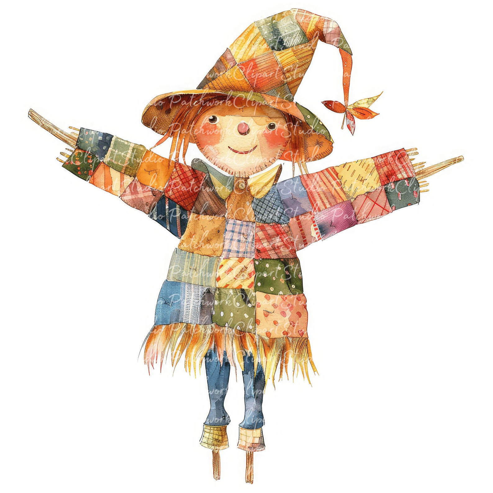 10 Scarecrows Clipart Bundle, PNG & JPG, Printable Patchwork Scarecrow ...