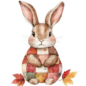 10 Autumn Rabbit Clipart Bundle, PNG & JPG, Printable Patchwork, Rabbit ...