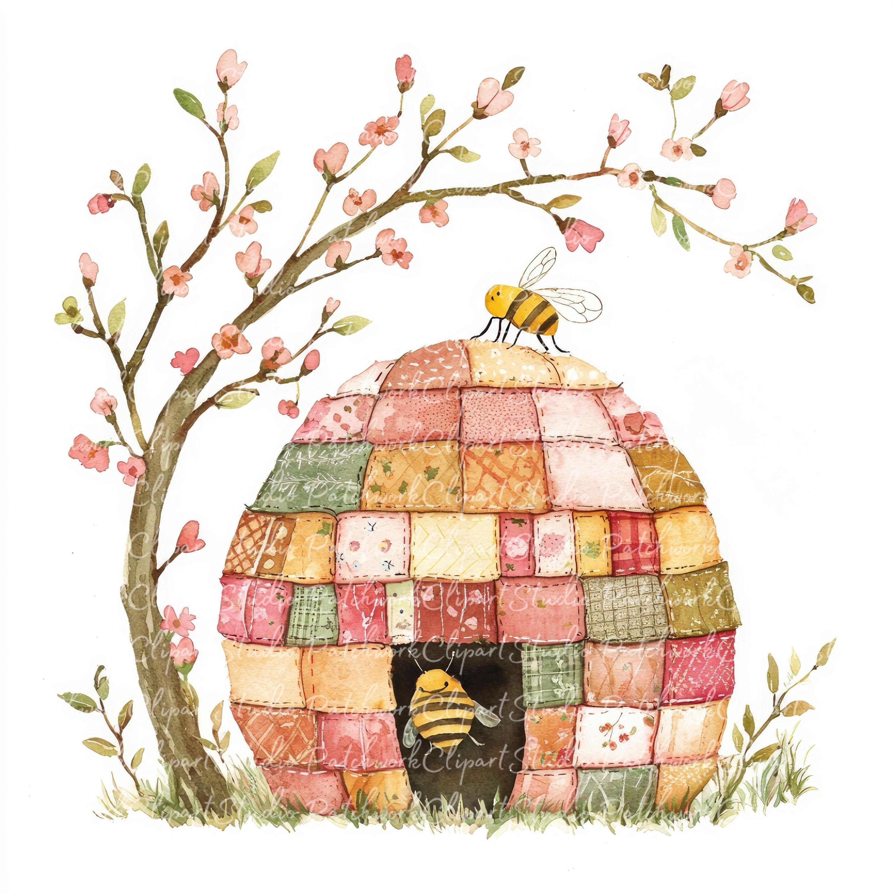 16 Spring Beehive Clipart Bundle, PNG & JPG, Printable Patchwork, Bee ...