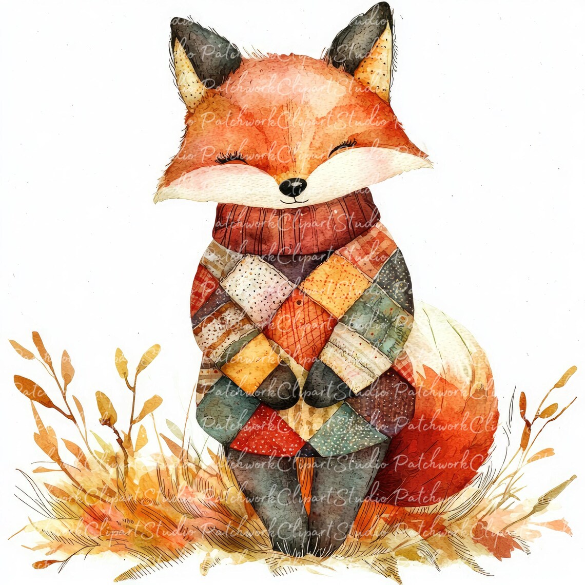 10 Autumn Fox Clipart Bundle, PNG & JPG, Printable Patchwork, Fox in ...