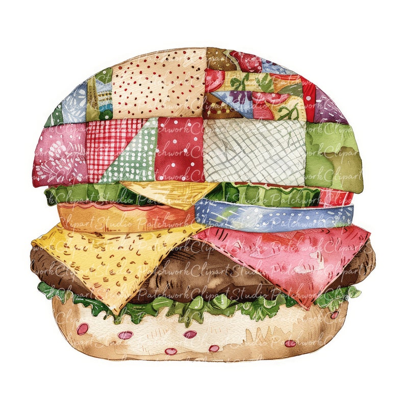 10 Hamburgers Clipart Bundle, PNG & JPG, Printable Patchwork Burger ...