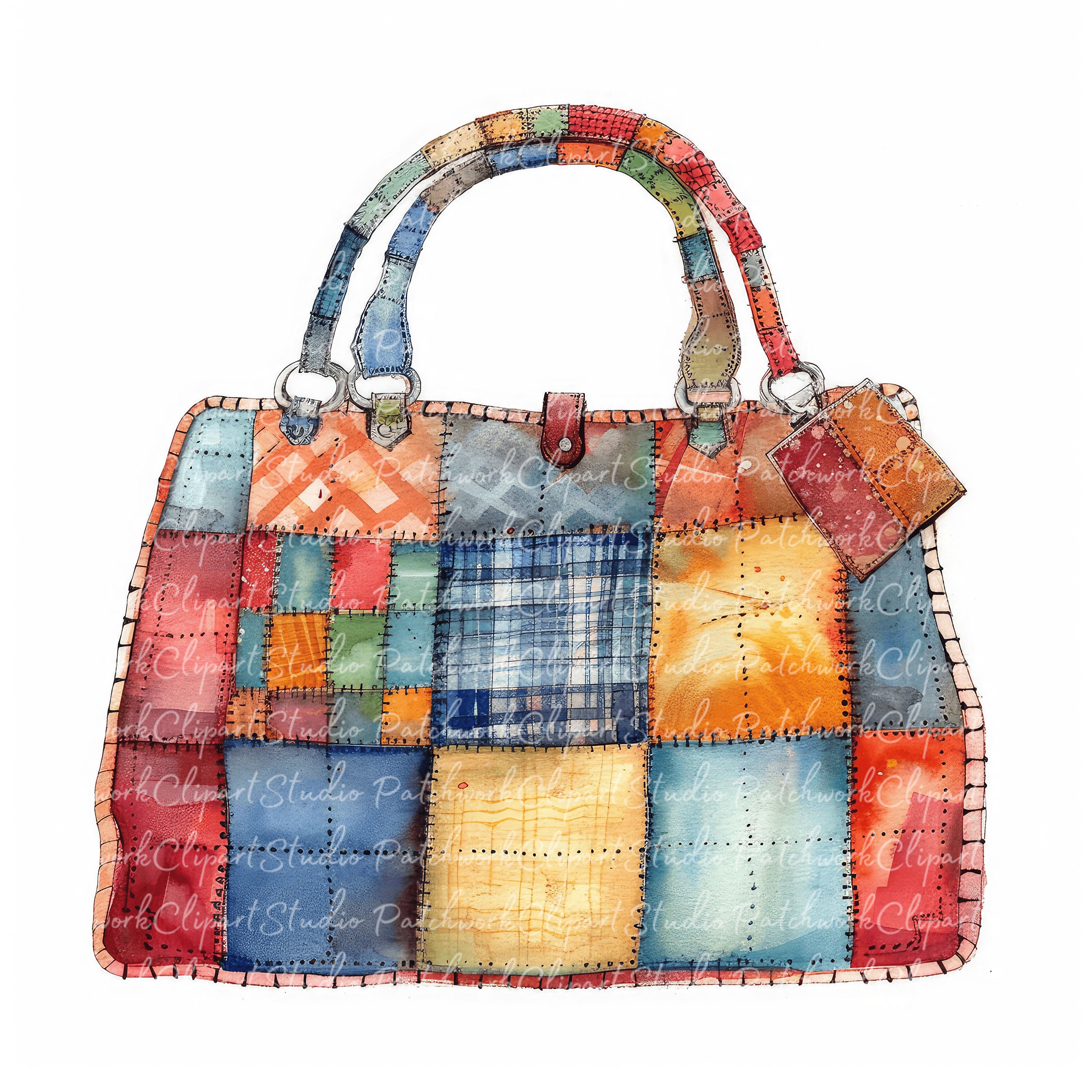 10 Handbags Clipart Bundle, PNG & JPG, Printable Patchwork Handbag ...