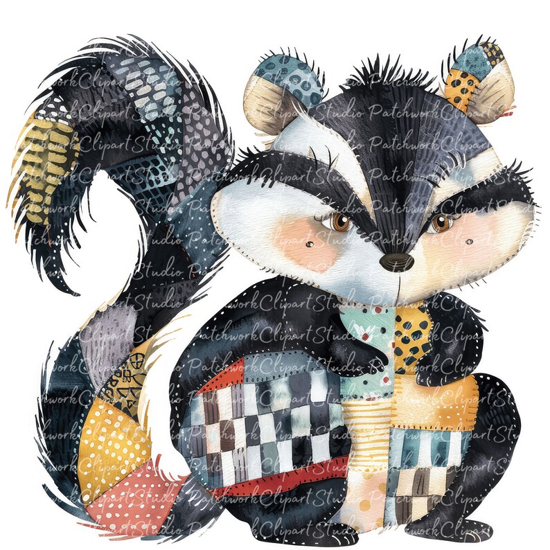 10 Skunk Clipart Bundle, PNG & JPG, Printable Patchwork Skunks ...