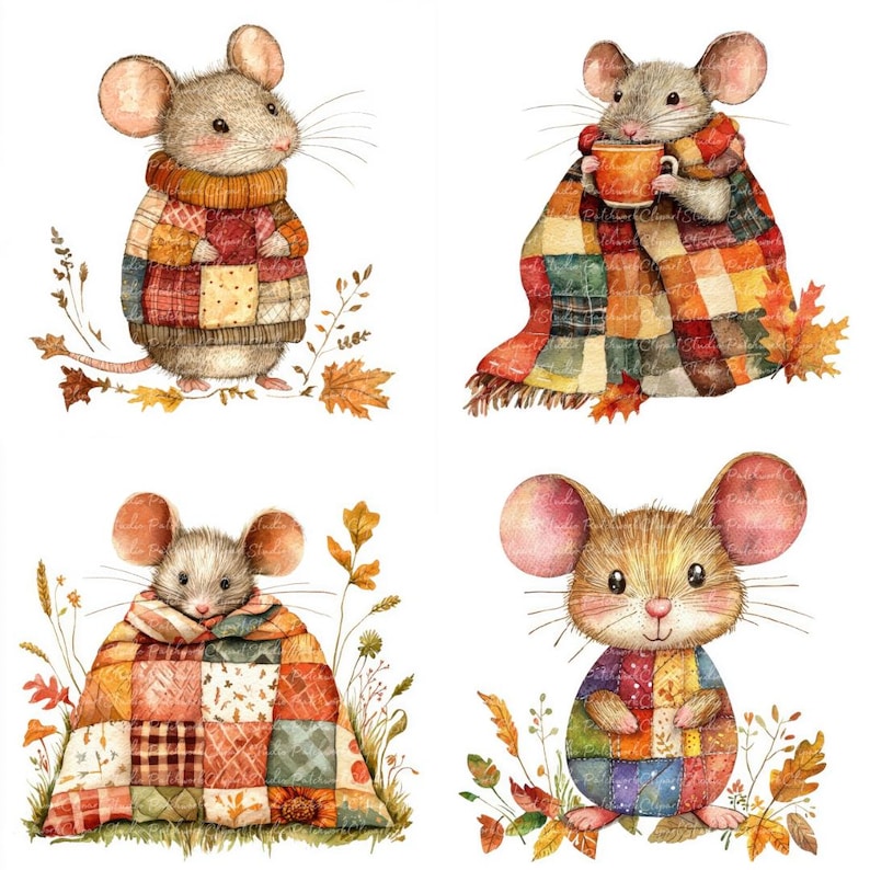 10 Autumn Mouse Clipart Bundle, PNG & JPG, Printable Patchwork, Mouse ...