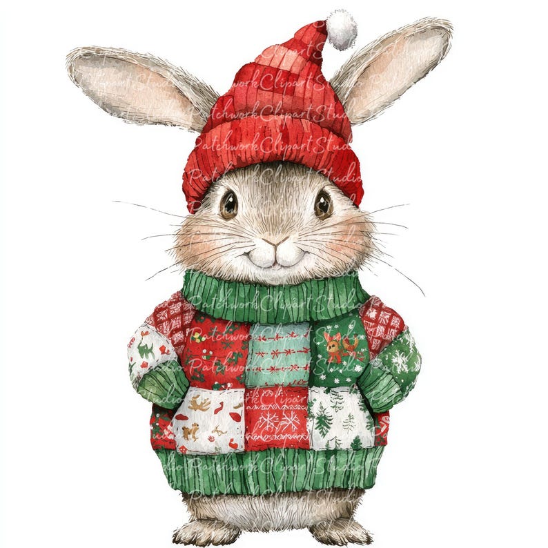 10 Christmas Rabbit Clipart Bundle, PNG & JPG, Printable Patchwork ...