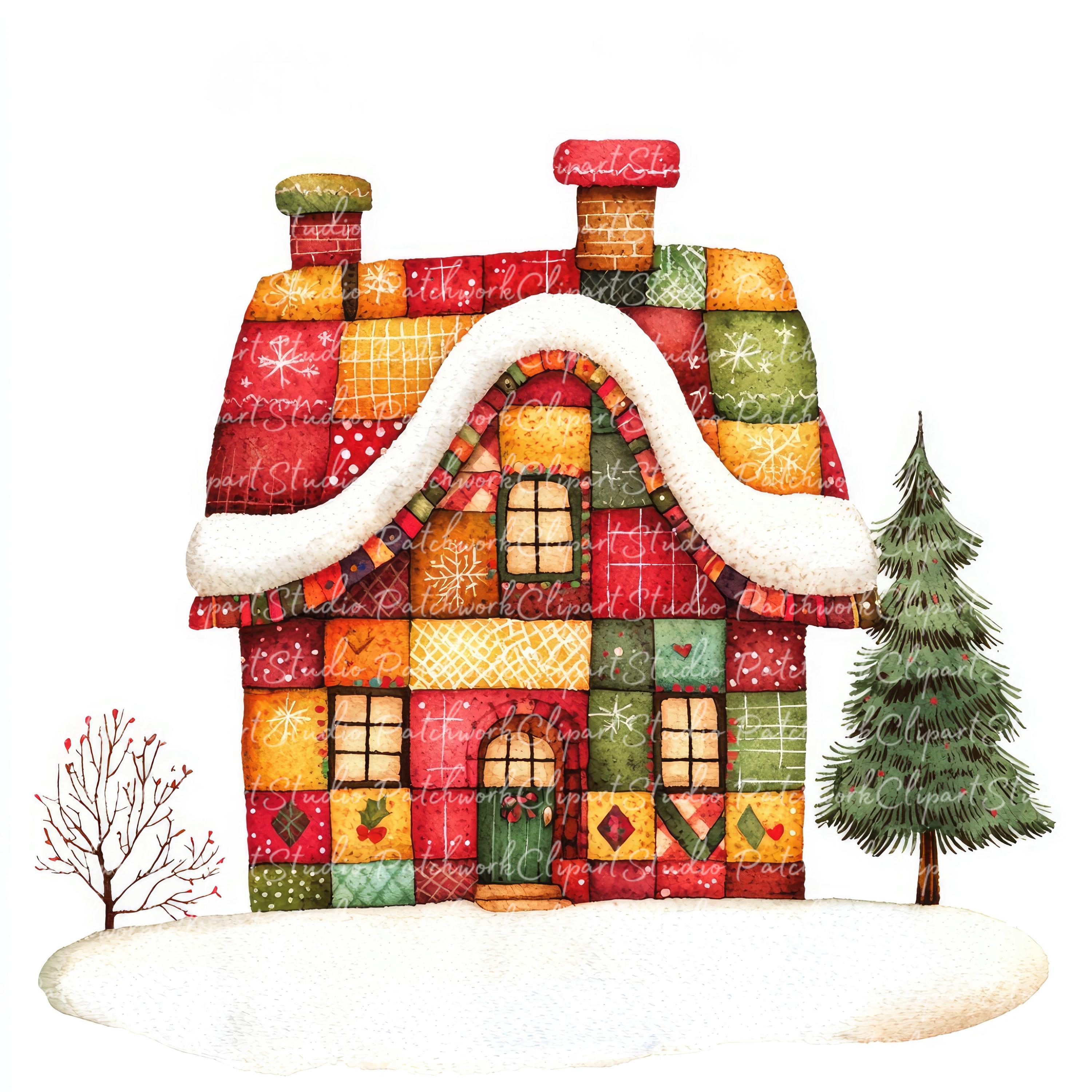 10 Christmas House Clipart Bundle, PNG & JPG, Printable Patchwork, Xmas ...