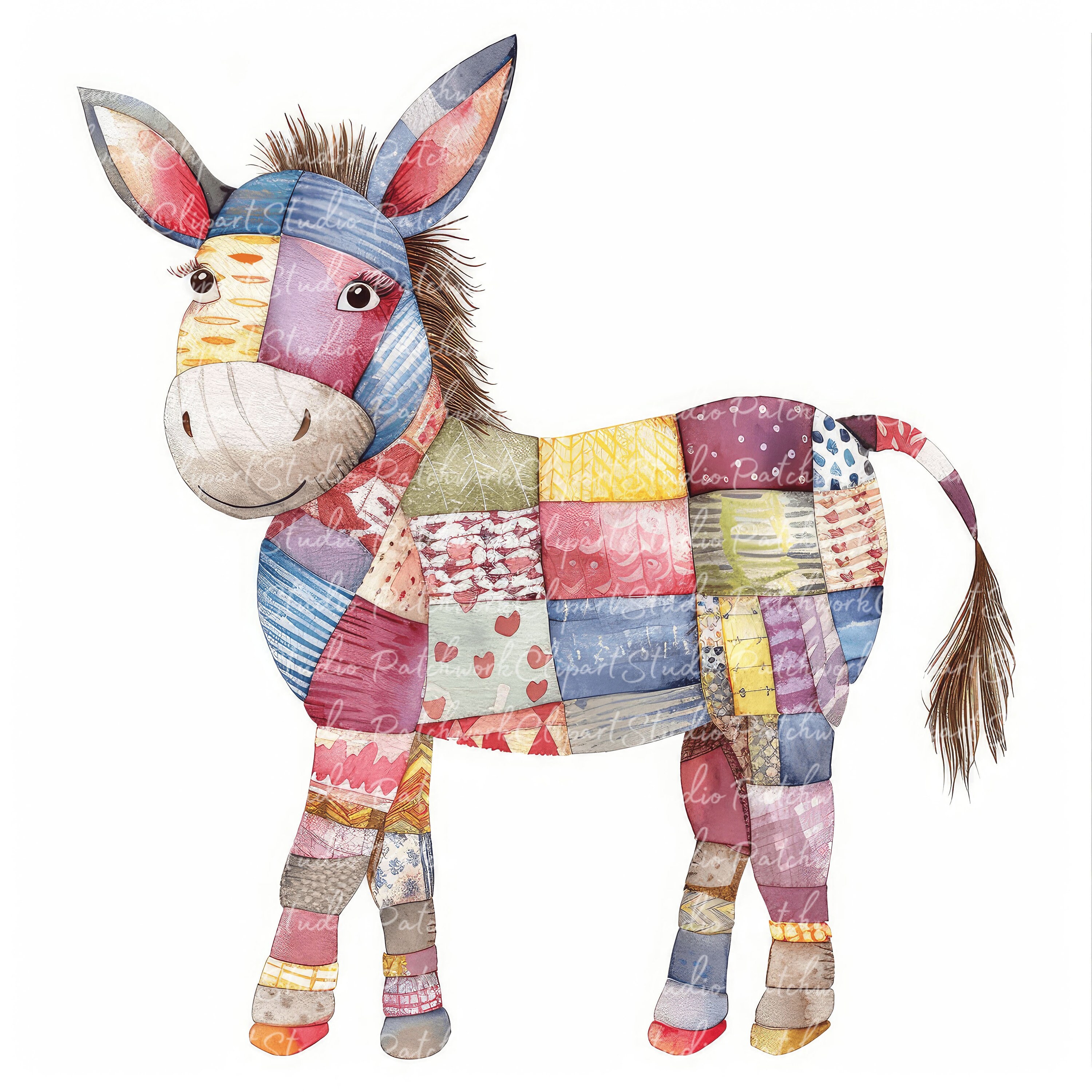 10 Donkeys Clipart Bundle, Printable Patchwork Donkey, Quilted Fabric ...