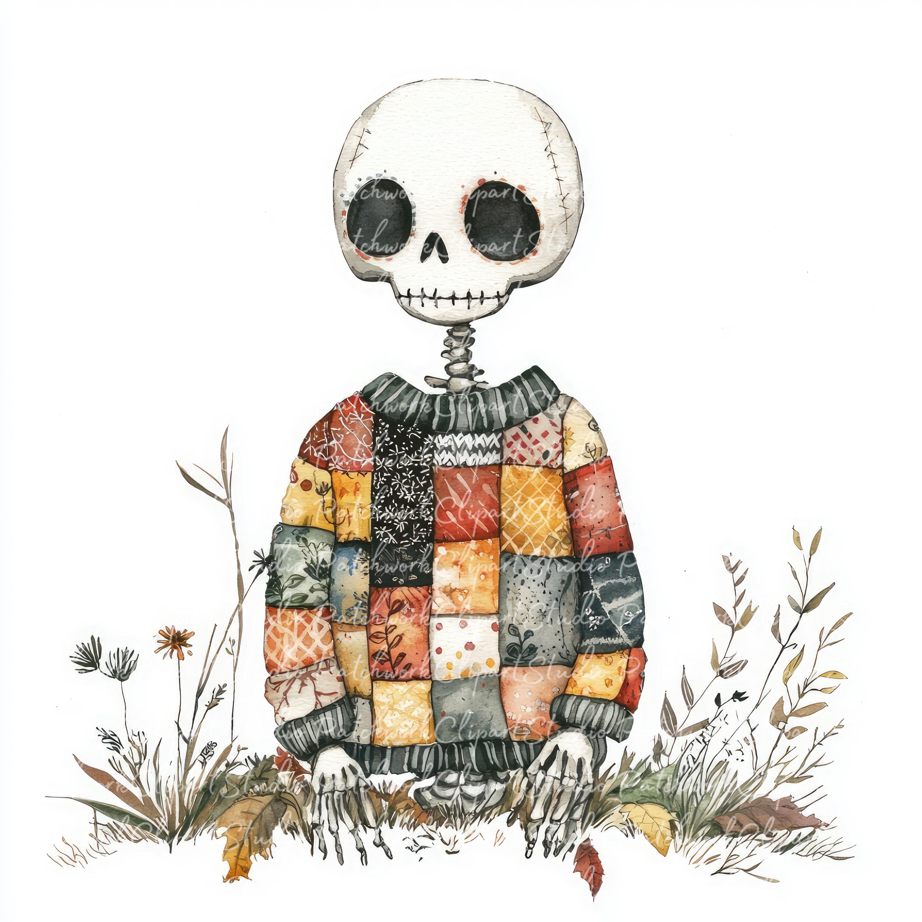 10 Autumn Skeleton Clipart Bundle, PNG & JPG, Printable Patchwork ...