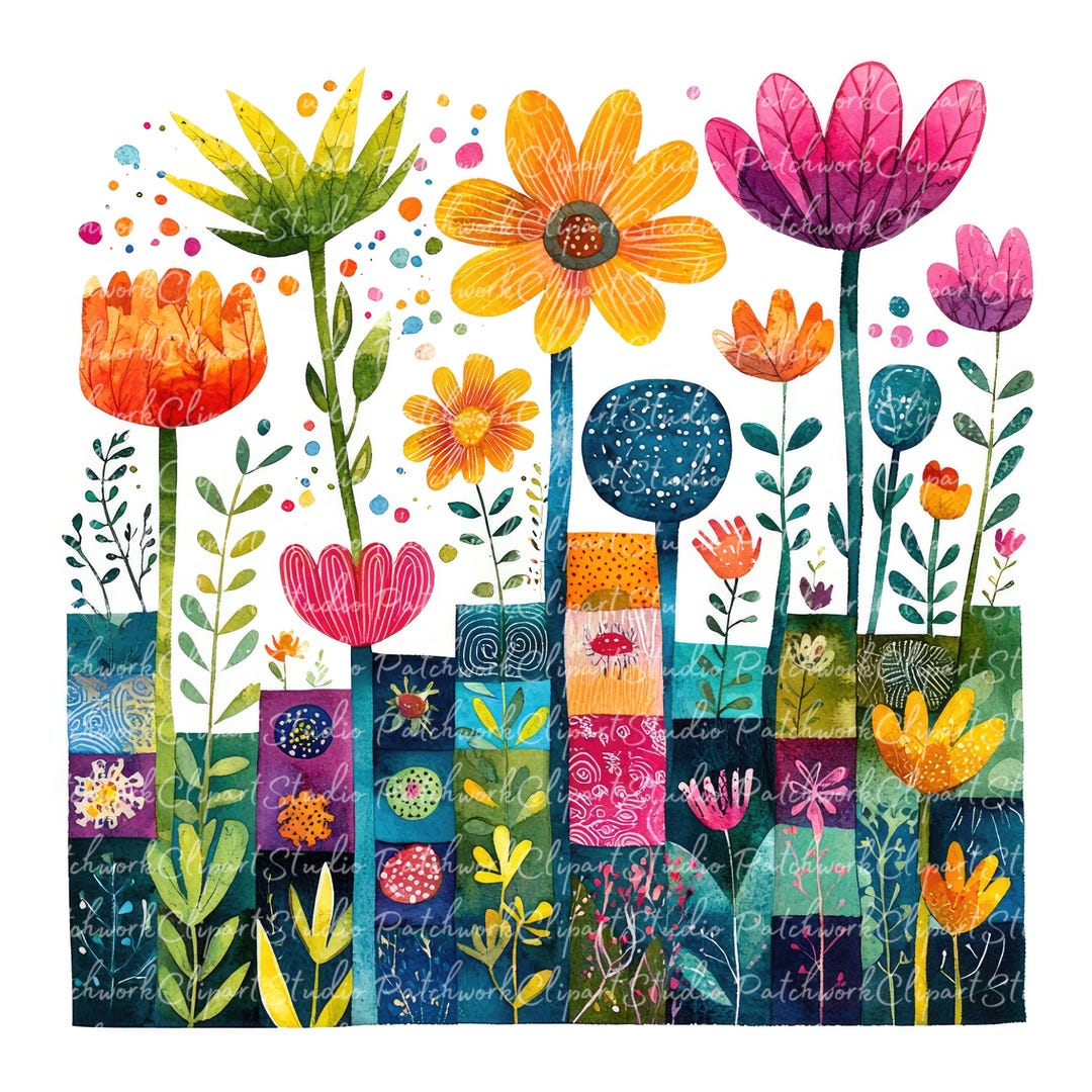 10 Flower Field Clipart Bundle, PNG & JPG, Printable Patchwork Flowers ...