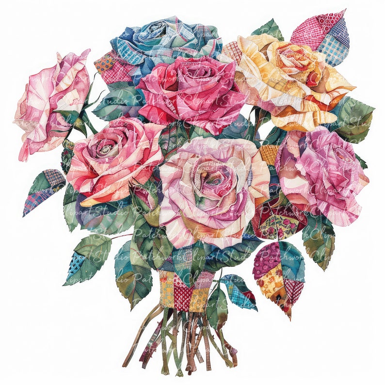 10 Bouquet of Roses Clipart Bundle, PNG & JPG, Printable Patchwork ...