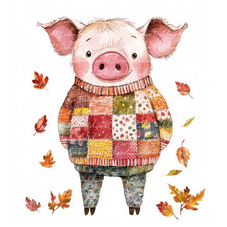 10 Autumn Pig Clipart Bundle, PNG & JPG, Printable Patchwork, Pig in ...